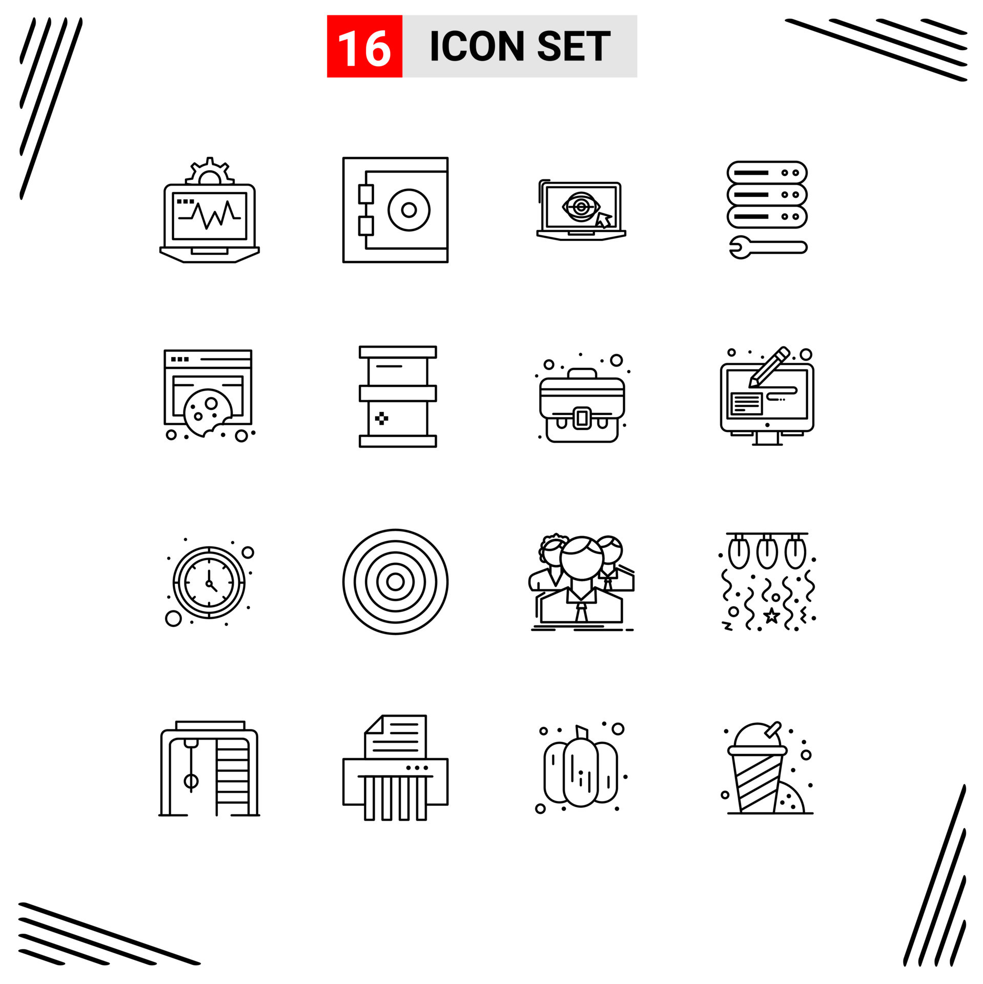 Pictogram Set Of 16 Simple Outlines Of Data Compliance Monitor Web Settings Editable Vector