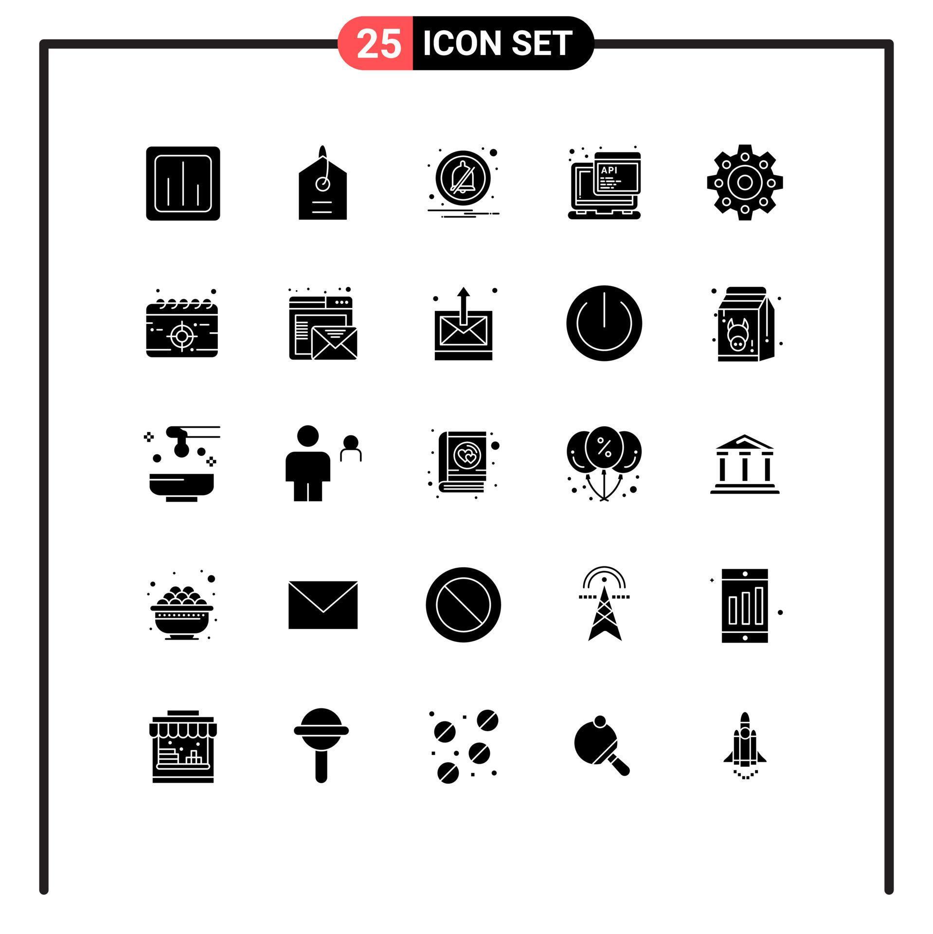 Pictogram Set of 25 Simple Solid Glyphs of calendar mechanical alarm programming javascript ...