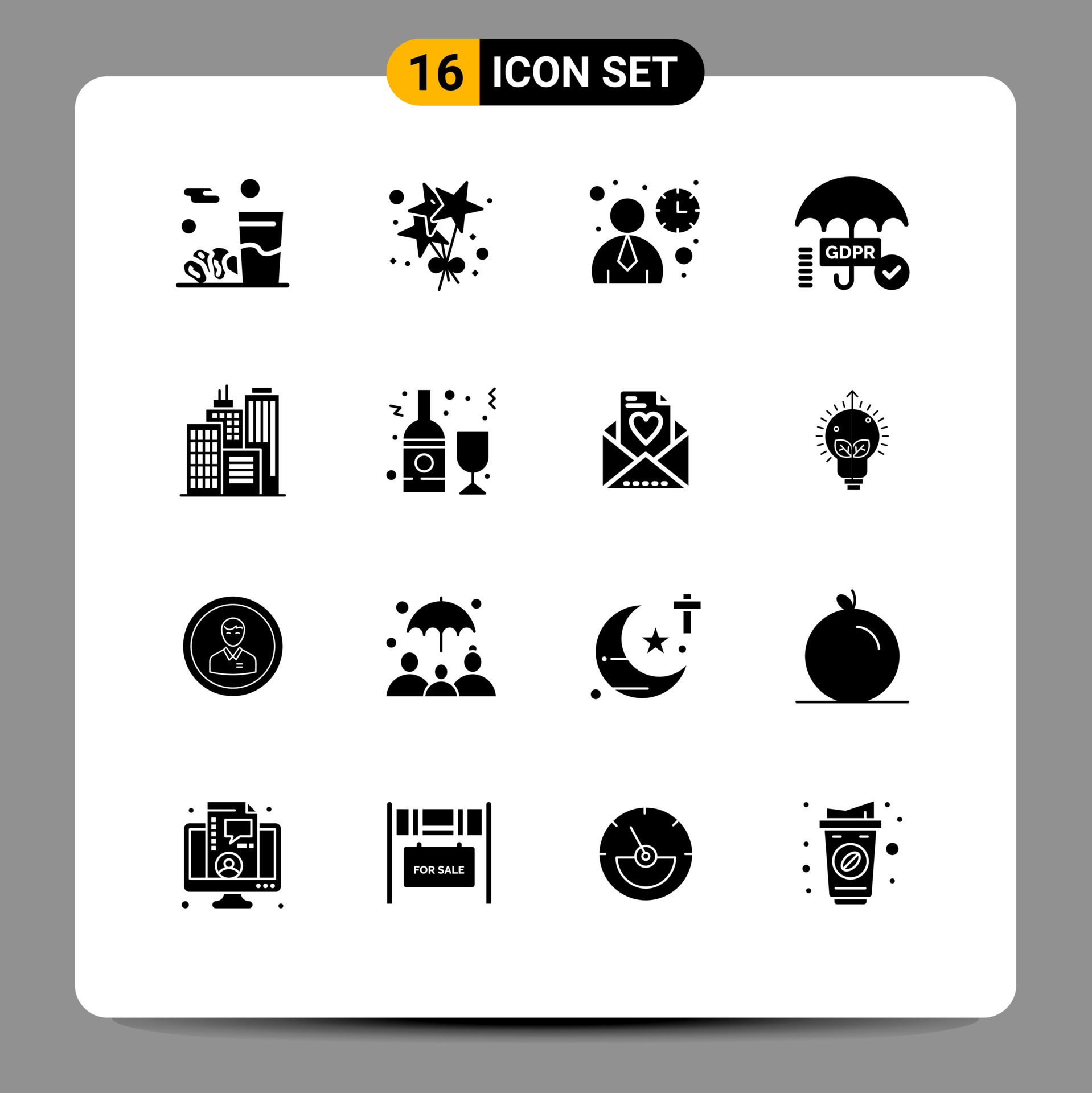Universal Icon Symbols Group Of 16 Modern Solid Glyphs Of Office Building Ui Secure Security
