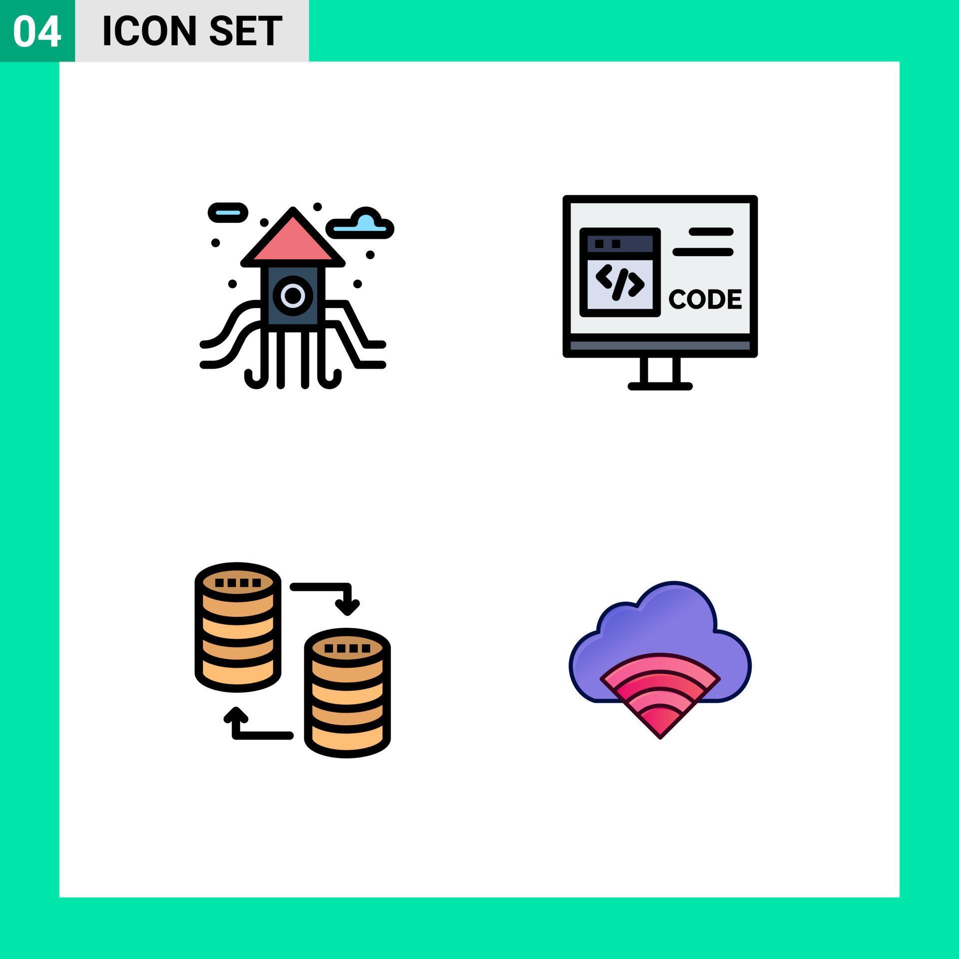 Set Of 4 Vector Filledline Flat Colors On Grid For City Server App Develop Storage Editable