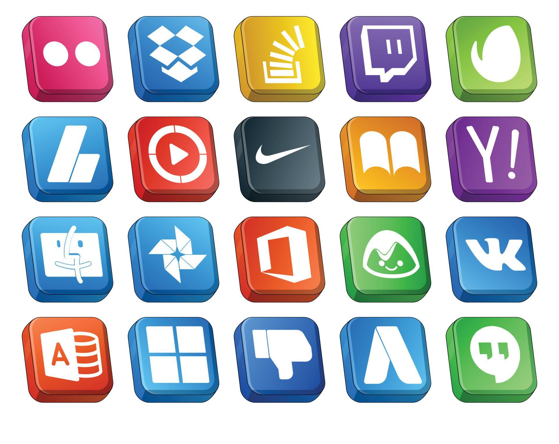 20 Social Media Icon Pack Including photo search adsense yahoo nike 19662922 Vector Art at Vecteezy