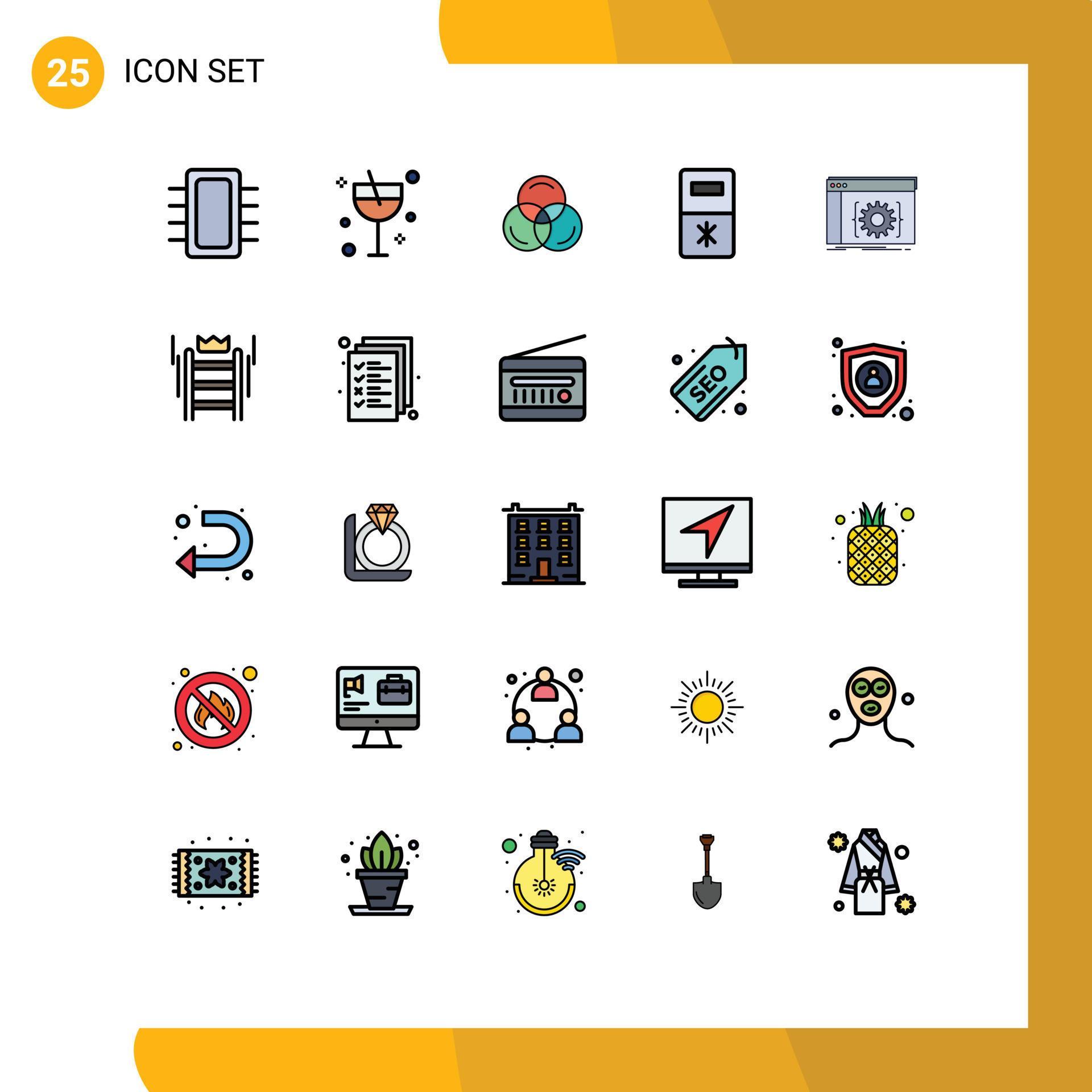 Mobile Interface Filled Line Flat Color Set Of 25 Pictograms Of Coding Api Summer Refrigerator
