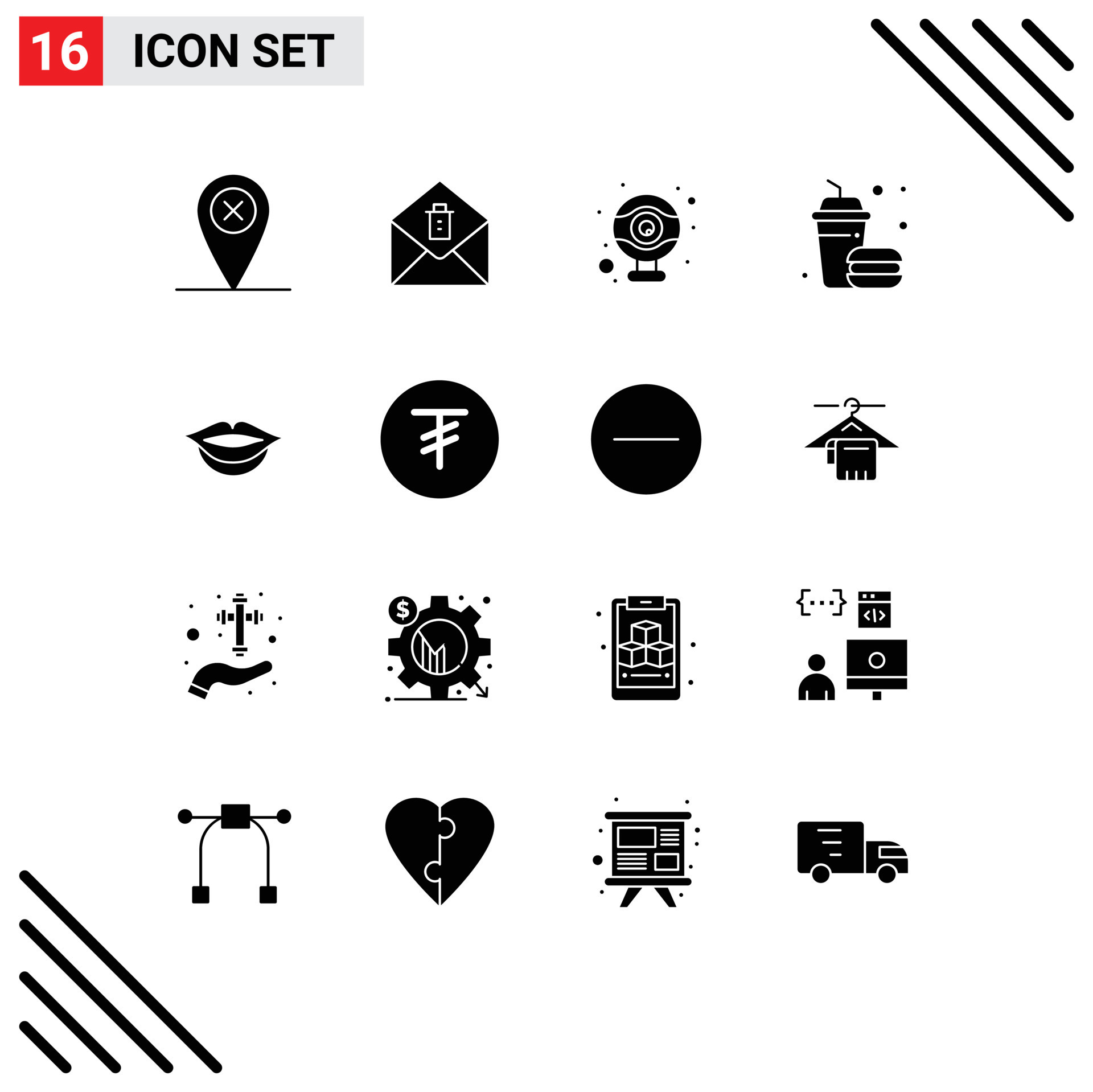 Mobile Interface Solid Glyph Set Of 16 Pictograms Of Mongolia Tugrik Webcam Girl Food Editable