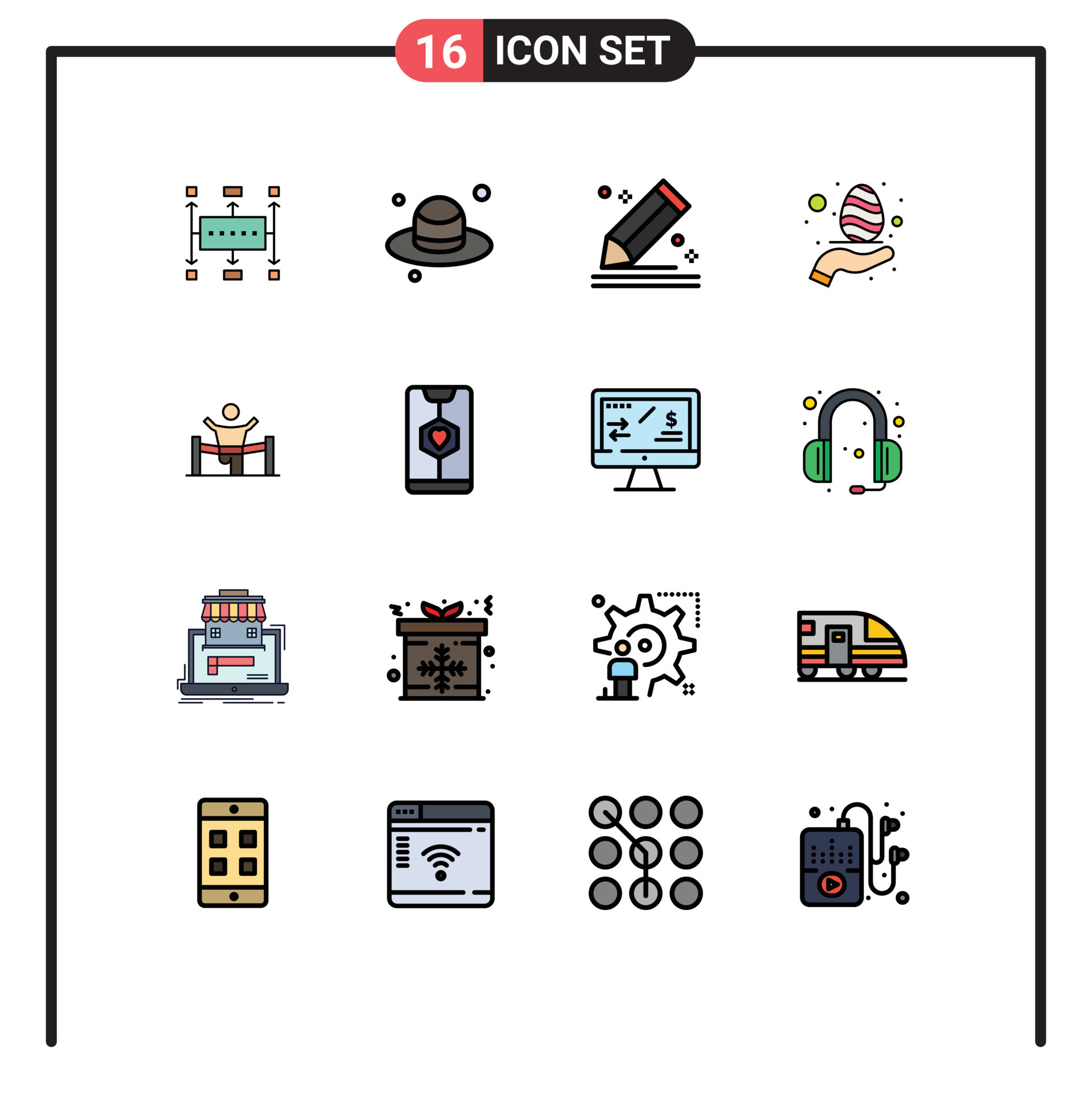 Set Of 16 Vector Flat Color Filled Lines On Grid For Winner Nature Compose Hand Stationery