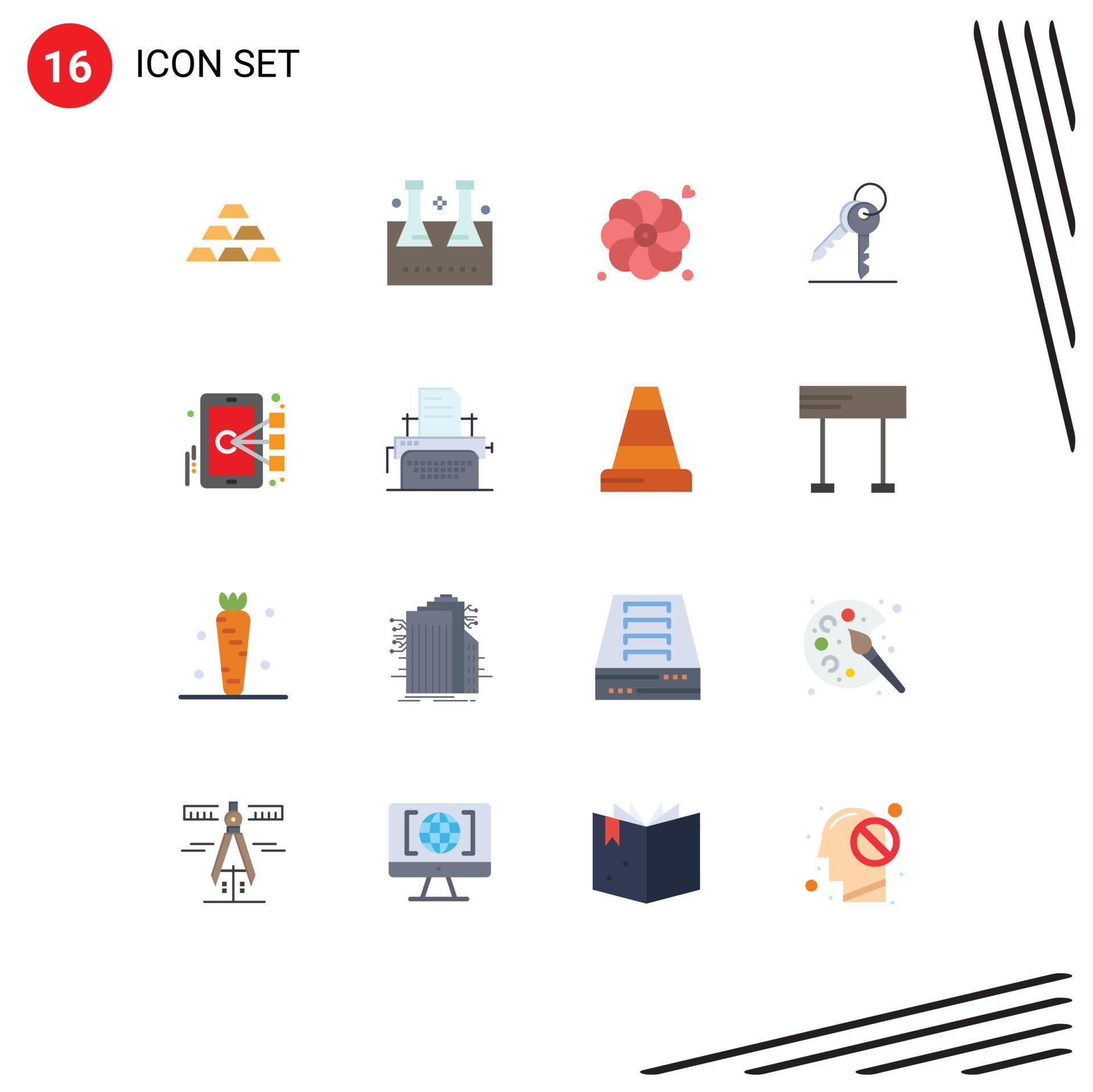 Flat Color Pack Of 16 Universal Symbols Of Security Key Erlenmeyer Flask Summer Flower Editable