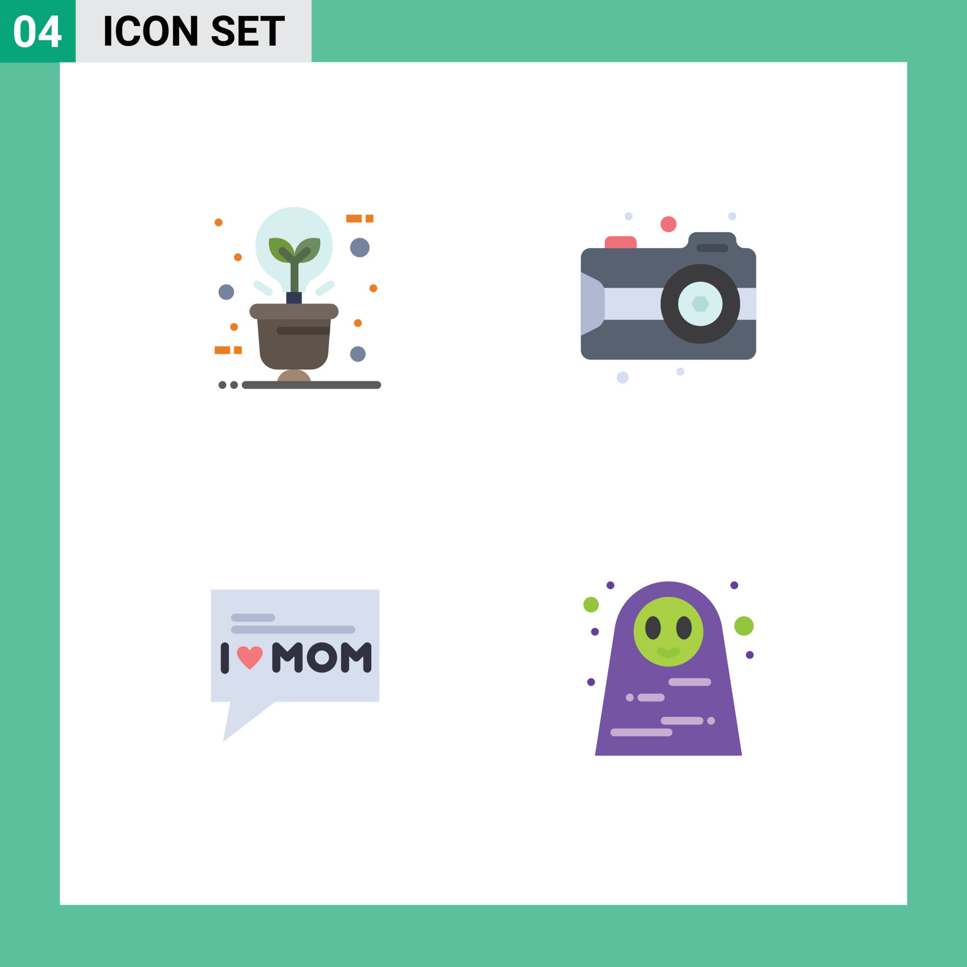 Group of 4 Modern Flat Icons Set for green message illumination arts ...