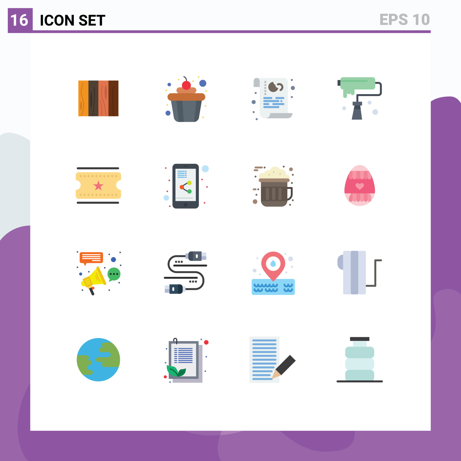 Flat Color Pack Of 16 Universal Symbols Of Creativity Brush Food Artistic Privacy Editable Pack