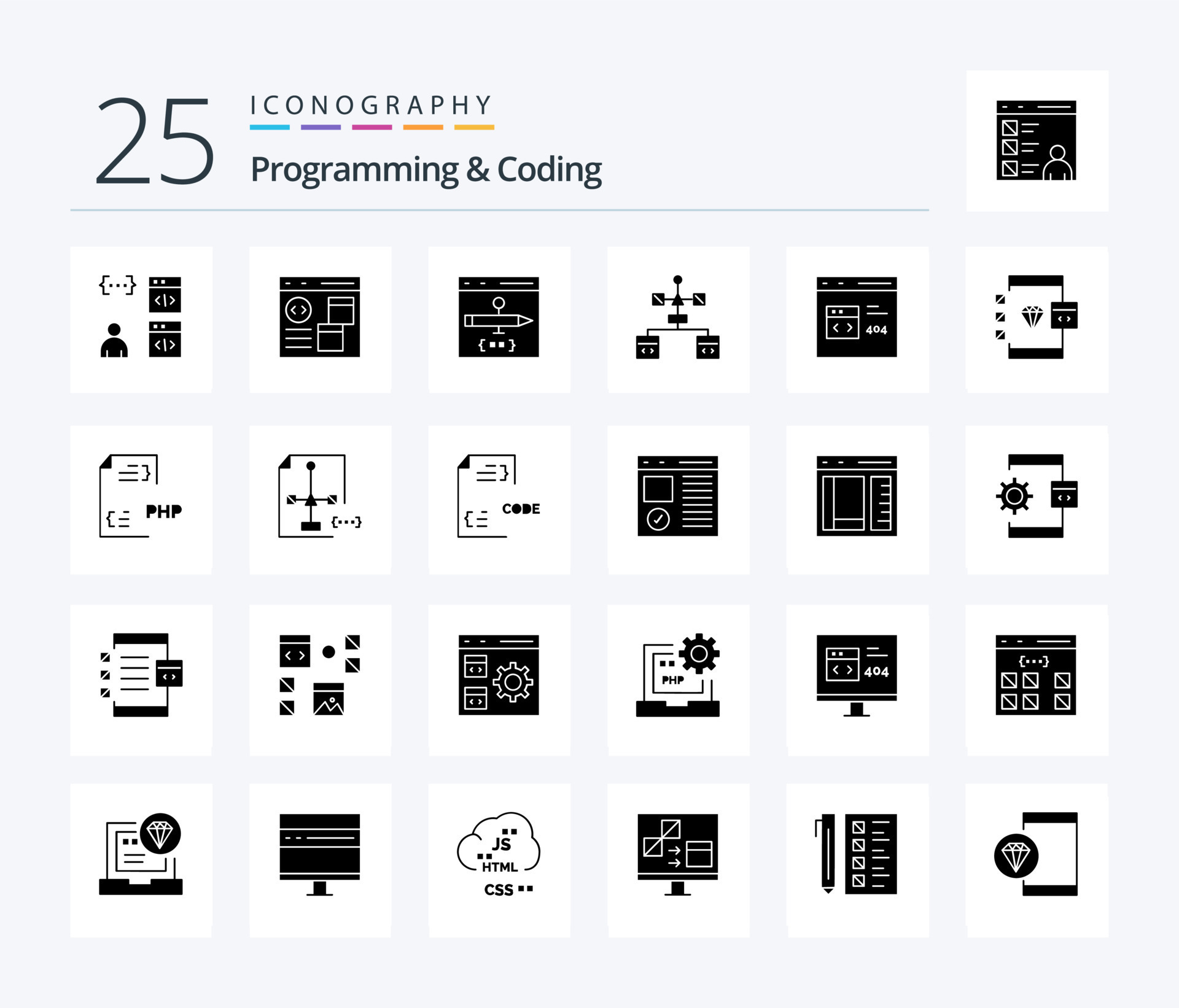 Programming And Coding 25 Solid Glyph Icon Pack Including Develop Browser Document Document