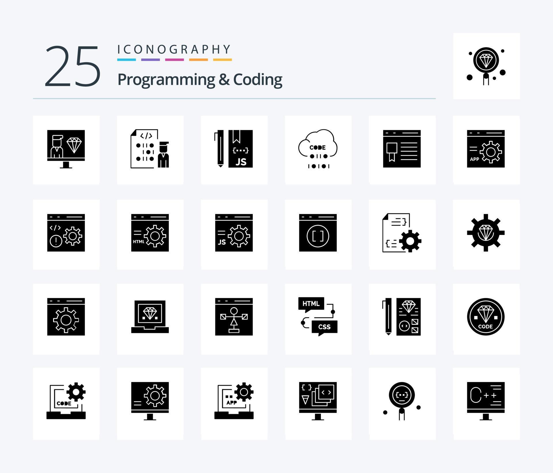 Programming And Coding 25 Solid Glyph icon pack including develop ...