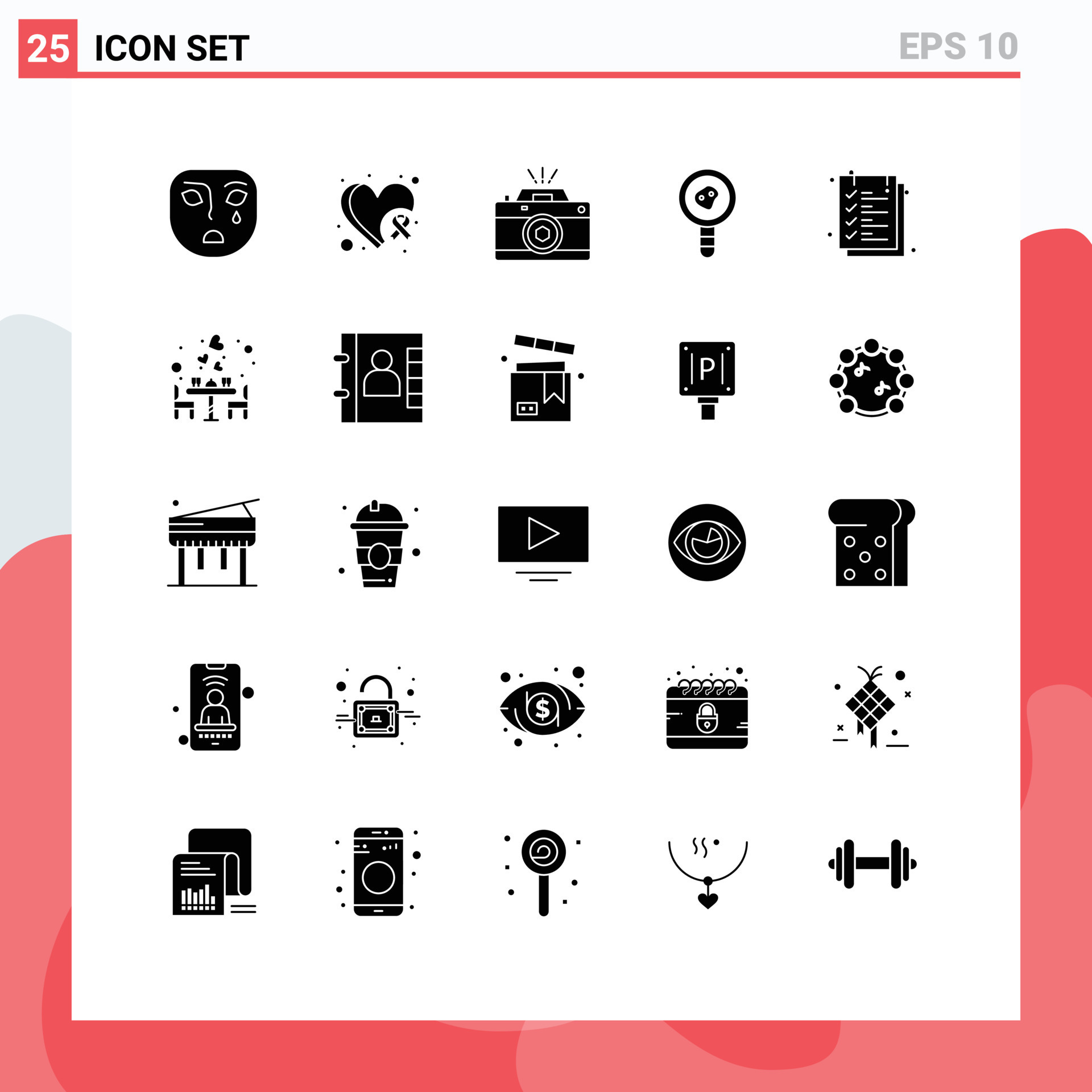 Set Of 25 Vector Solid Glyphs On Grid For Document Lab Report Camera Biology Theorem Aperture