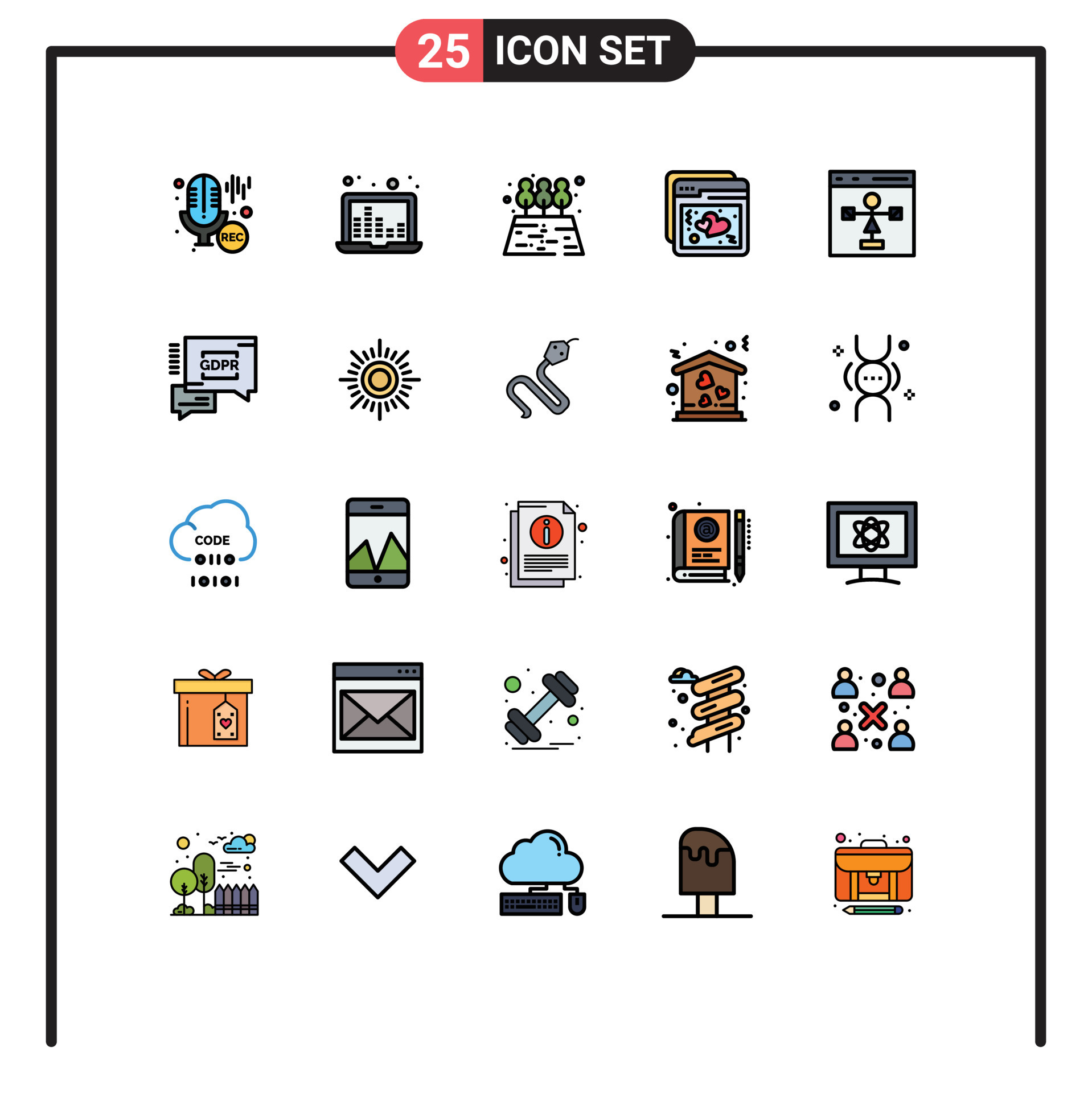 25 Thematic Vector Filled Line Flat Colors And Editable Symbols Of Development Coding