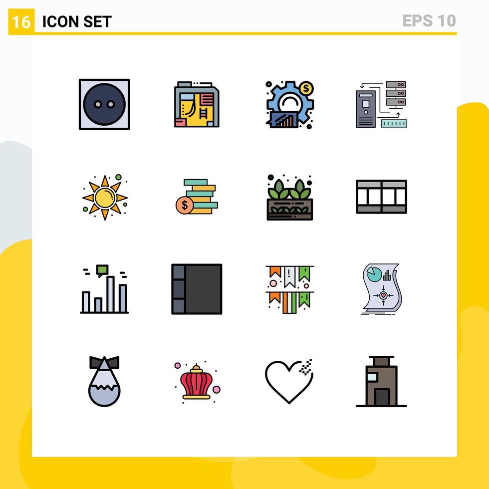 Group Of 16 Flat Color Filled Lines Signs And Symbols For Information Database Analysis Data