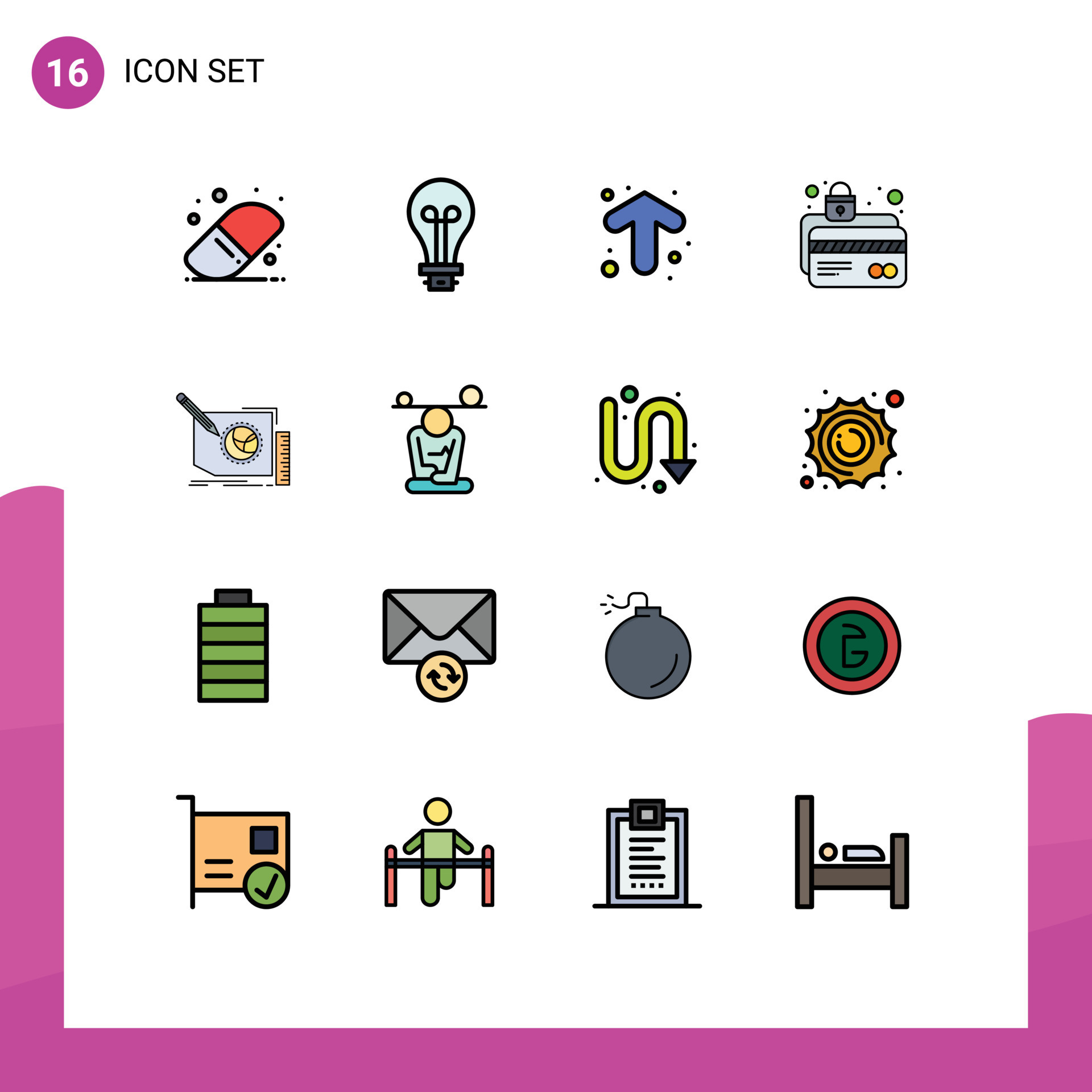 16 Thematic Vector Flat Color Filled Lines And Editable Symbols Of Design Protection Arrows Lock