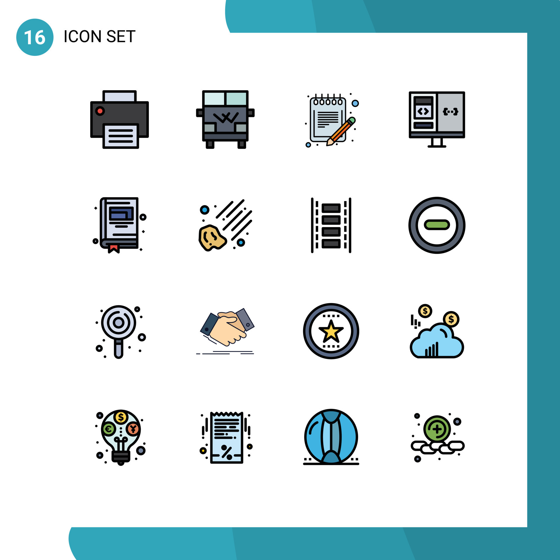 Flat Color Filled Line Pack Of 16 Universal Symbols Of Develop Coding Vehicle App Schedule