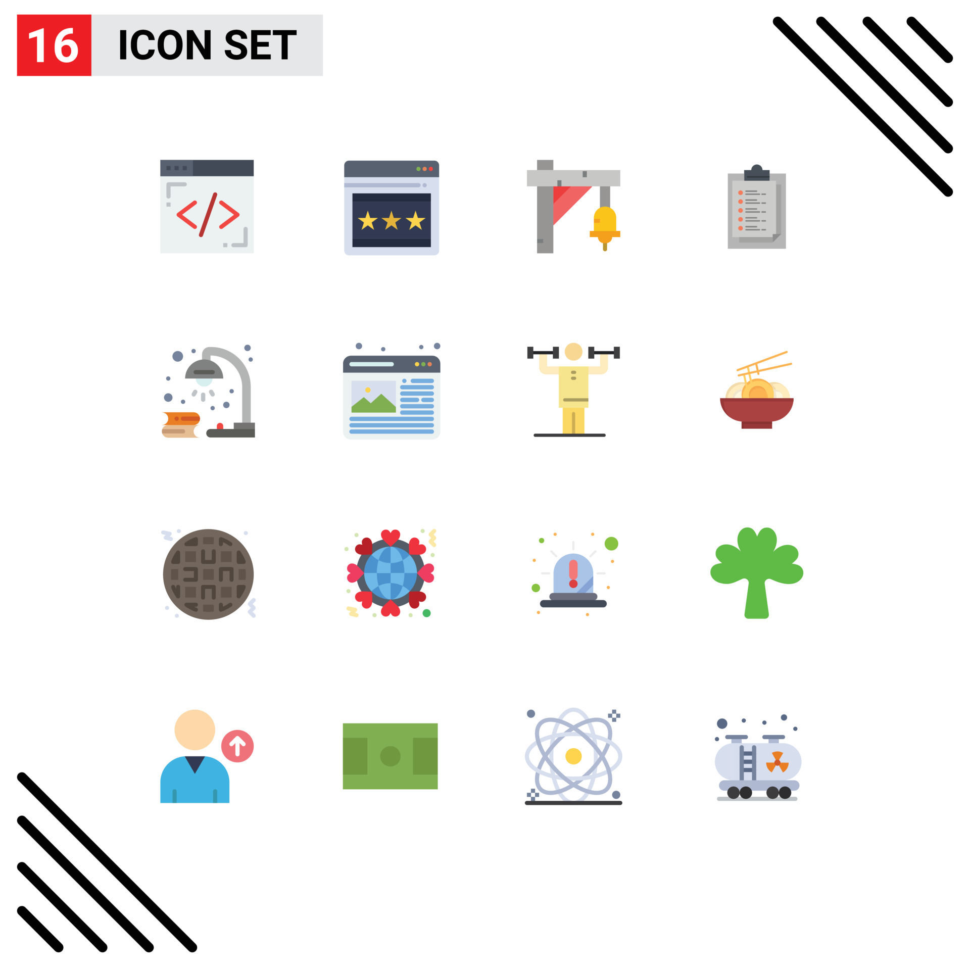 Pictogram Set Of 16 Simple Flat Colors Of Revision Lamp Train Book Result Editable Pack Of