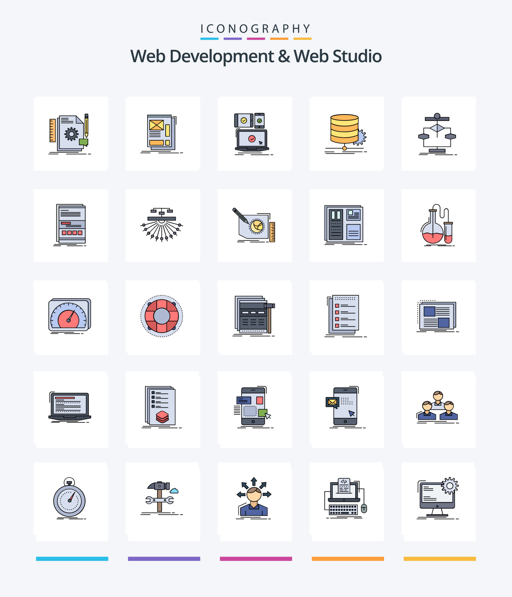 Creative Web Development And Web Studio 25 Line FIlled icon pack Such As data. algorithm. layout ...