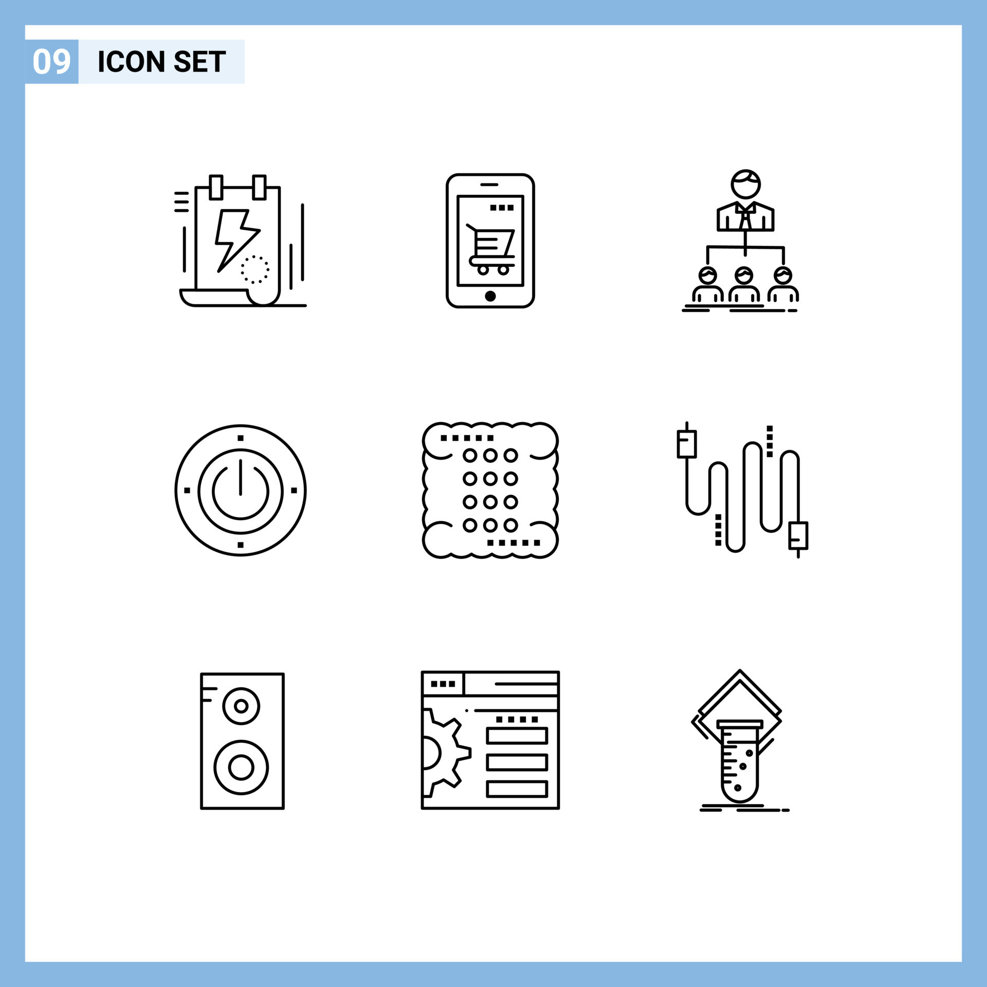 Set Of 9 Vector Outlines On Grid For Power Electricity Shopping Company Organization Editable