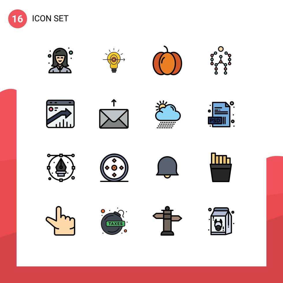 Mobile Interface Flat Color Filled Line Set Of 16 Pictograms Of Arrow Human Food Capture Action