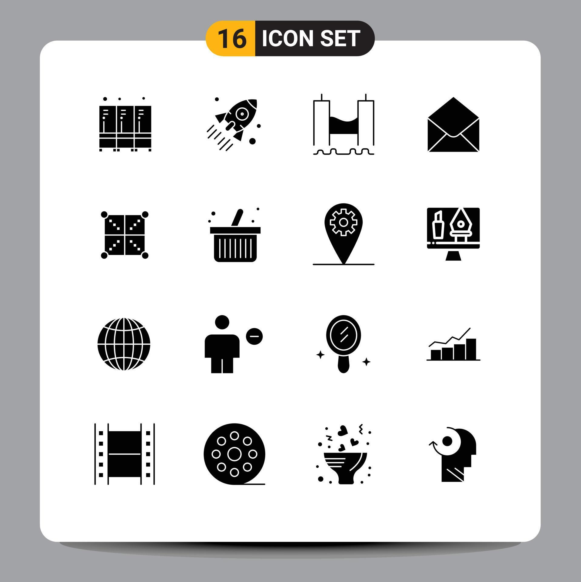 Group of 16 Solid Glyphs Signs and Symbols for message email project sms industrial Editable ...