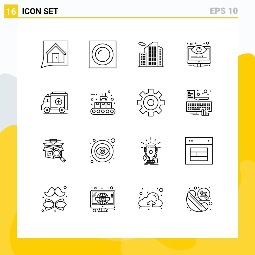 Set of 16 Modern UI Icons Symbols Signs for system monitoring recessed control office Editable ...
