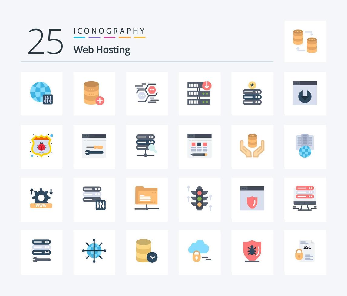 Web Hosting 25 Flat Color icon pack including data. server downgrade ...