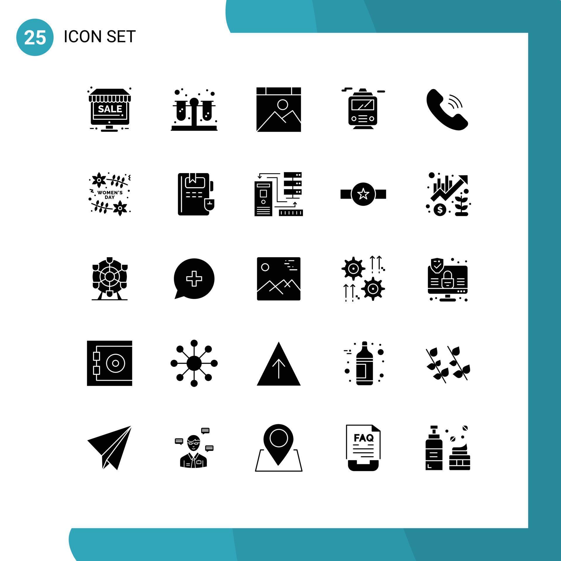 Pictogram Set of 25 Simple Solid Glyphs of day communication computer call transport Editable ...