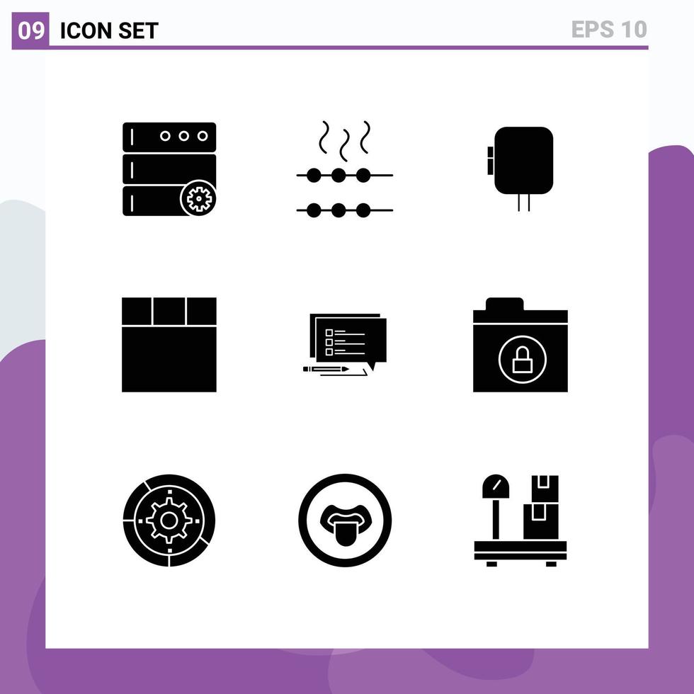 Editable Vector Line Pack Of 9 Simple Solid Glyphs Of Folder Write Power Message Chat Editable