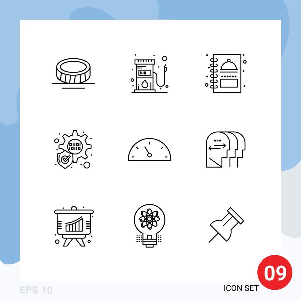 Pack Of 9 Creative Outlines Of Mind Personality Menu Speed Gauge Editable Vector Design Elements