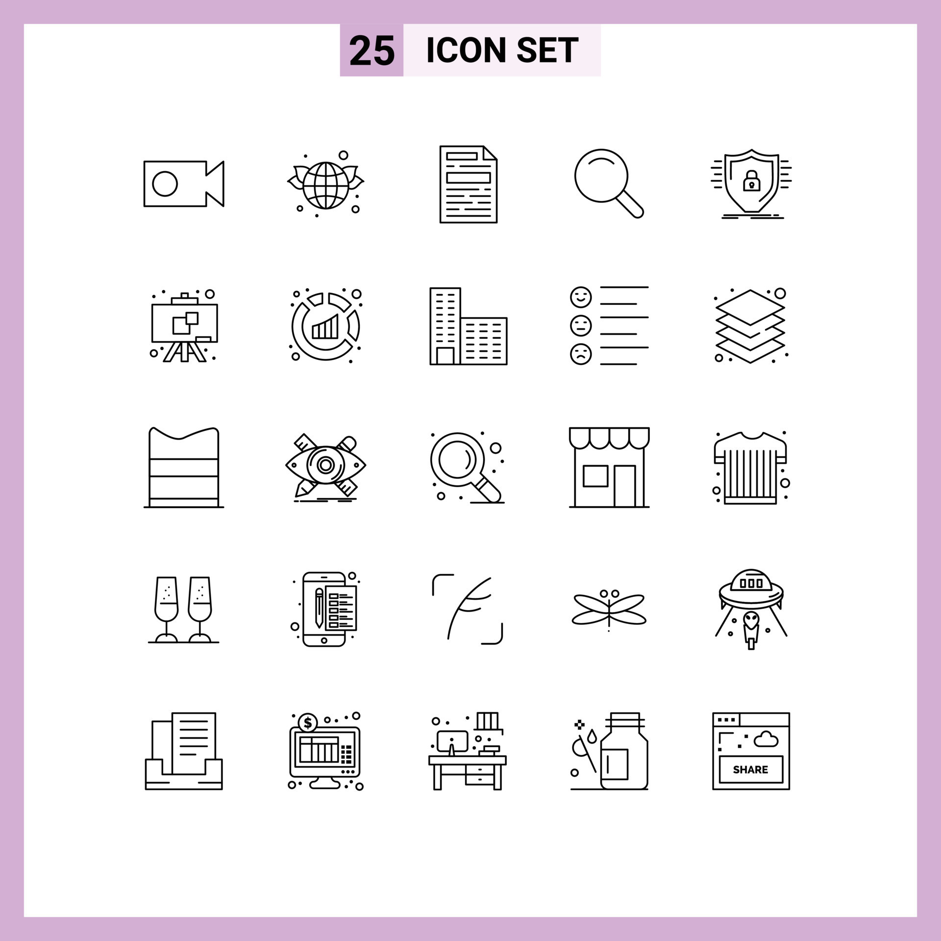 Set Of 25 Vector Lines On Grid For Shield Protection Document Firewall Ui Editable Vector Design