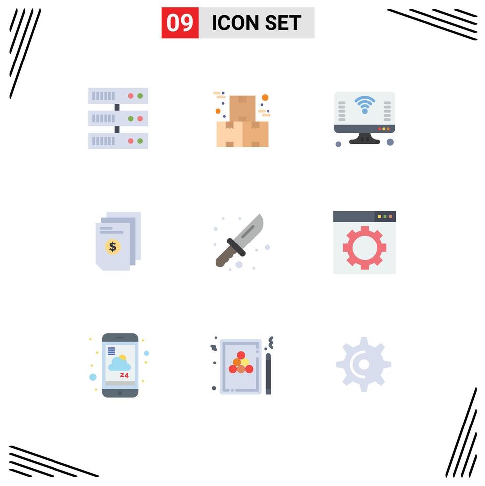 Universal Icon Symbols Group Of 9 Modern Flat Colors Of Document Money Computer File Wifi