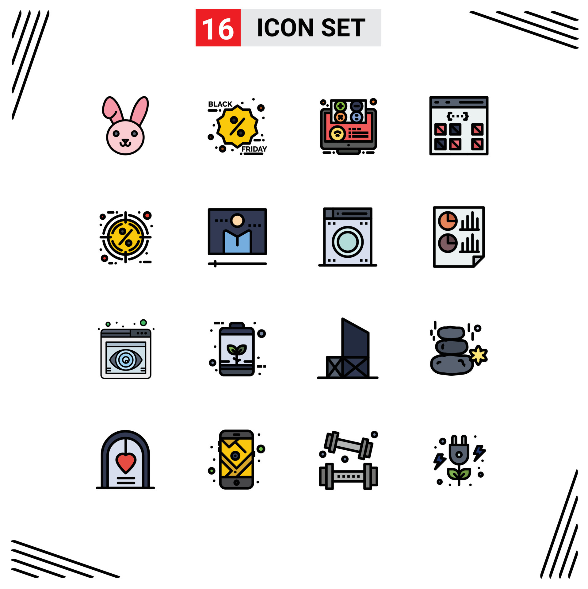 Universal Icon Symbols Group Of 16 Modern Flat Color Filled Lines Of Interface Develop E Coding