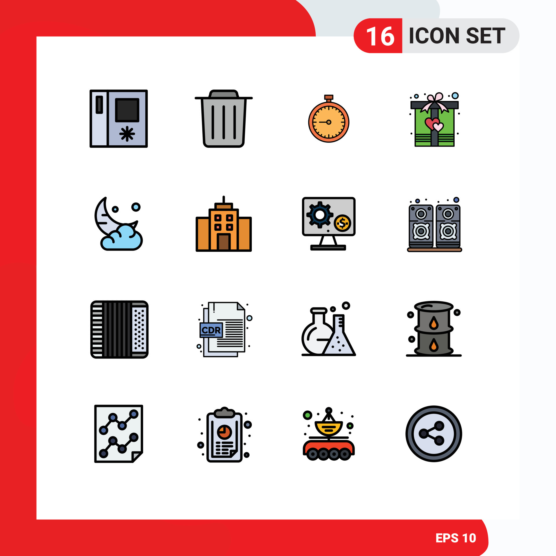 16 Universal Flat Color Filled Lines Set For Web And Mobile Applications Moon Present Fast T