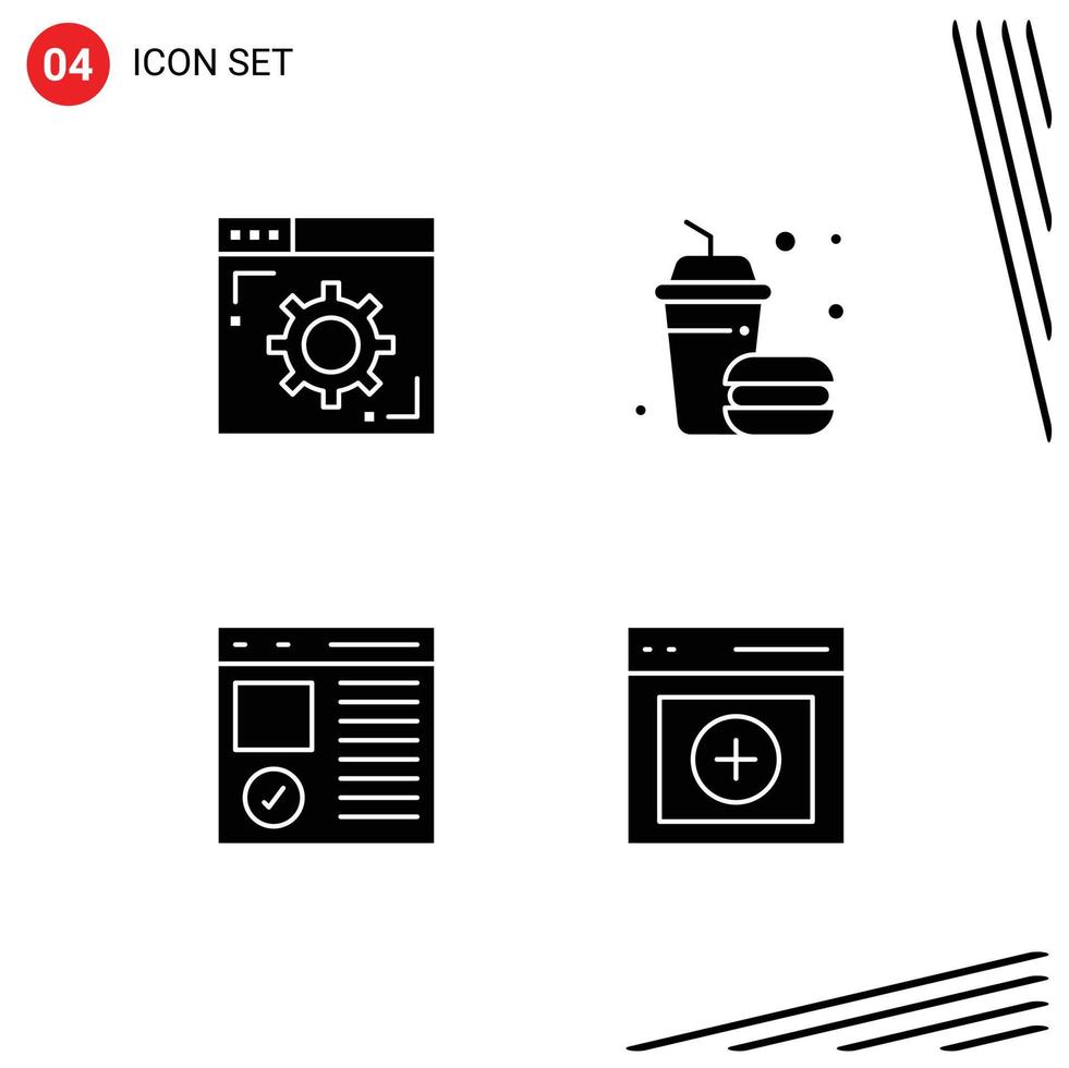 Group of 4 Solid Glyphs Signs and Symbols for browser coding webpage fast development Editable ...