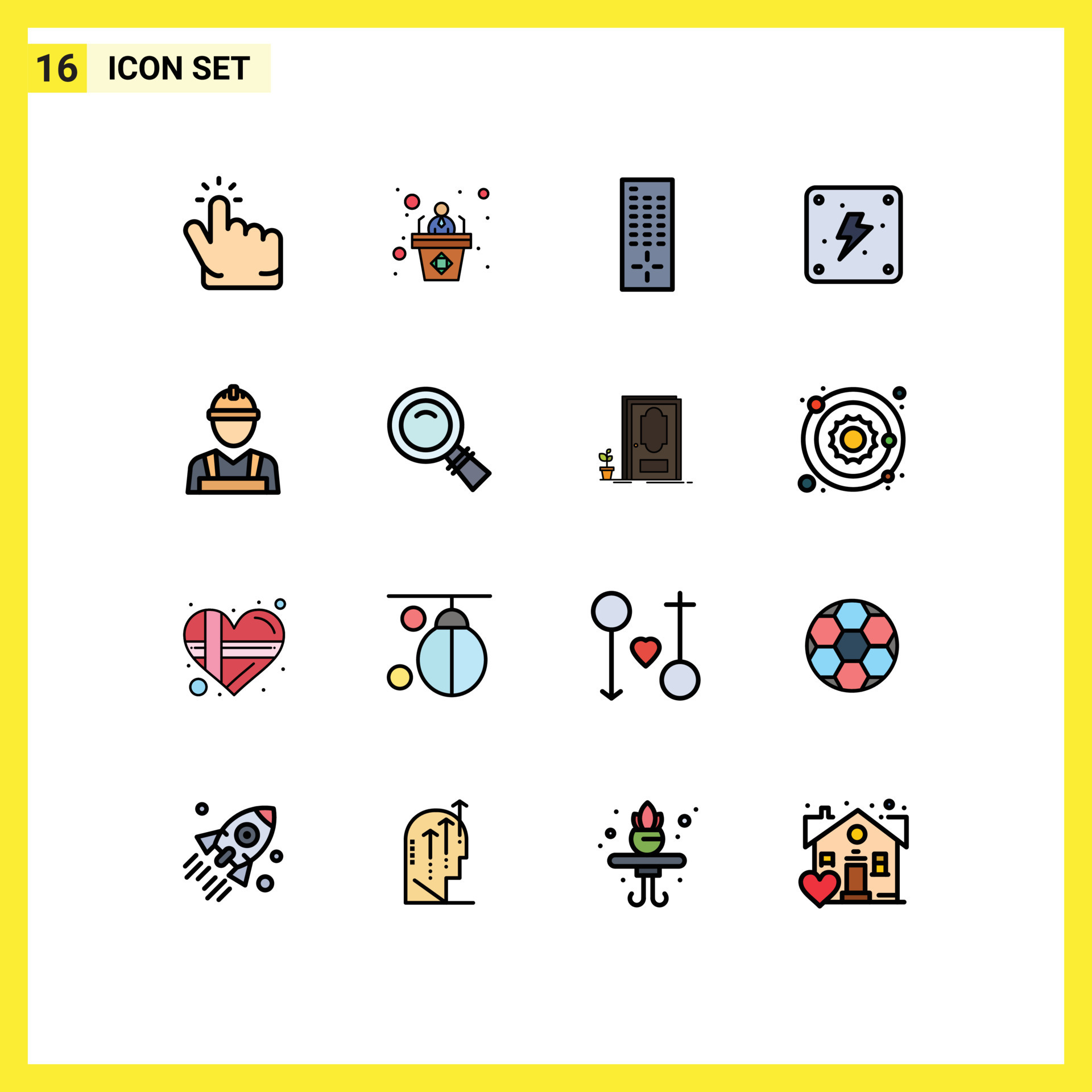 16 Universal Flat Color Filled Line Signs Symbols Of Worker Builder Control Labour Man Energy