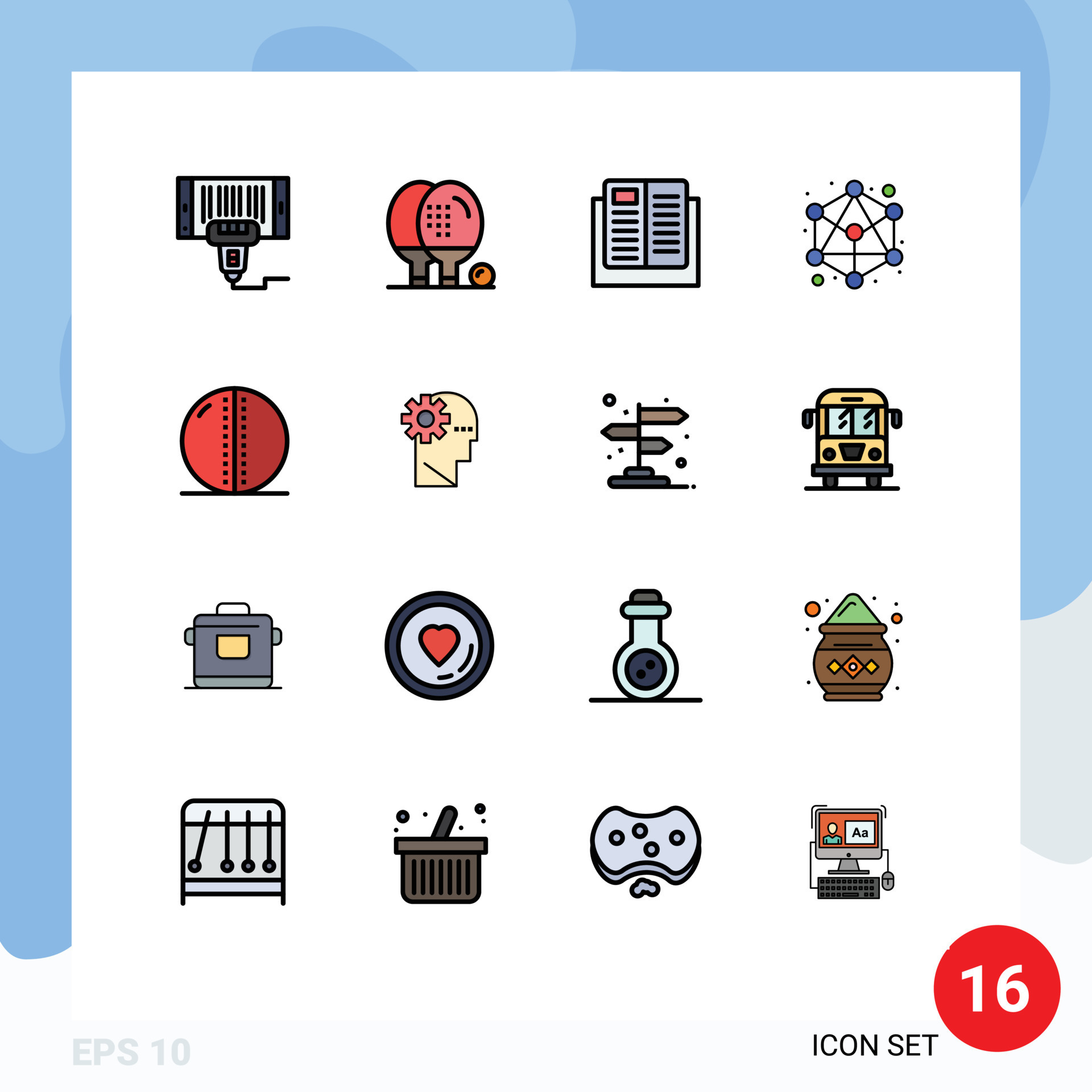 Mobile Interface Flat Color Filled Line Set Of 16 Pictograms Of Network Connection Game School