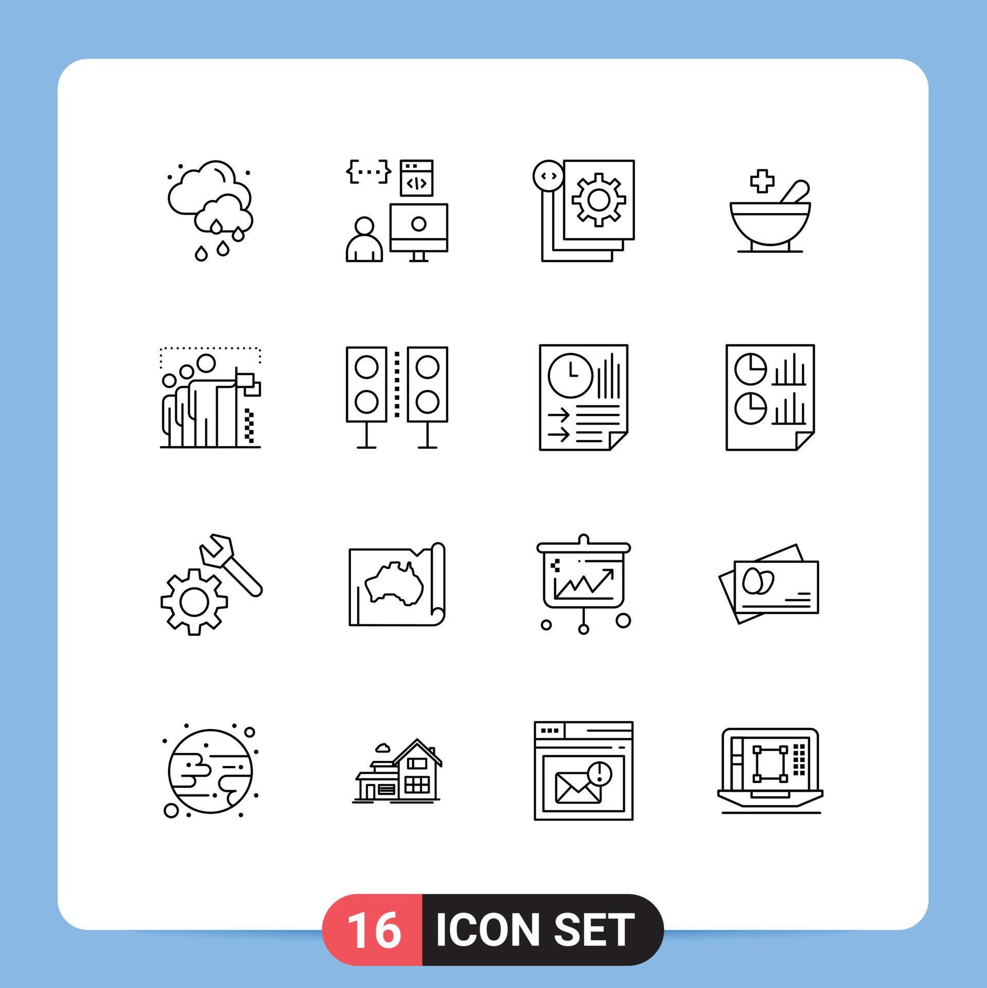 Universal Icon Symbols Group of 16 Modern Outlines of team bowl coding patient programming ...