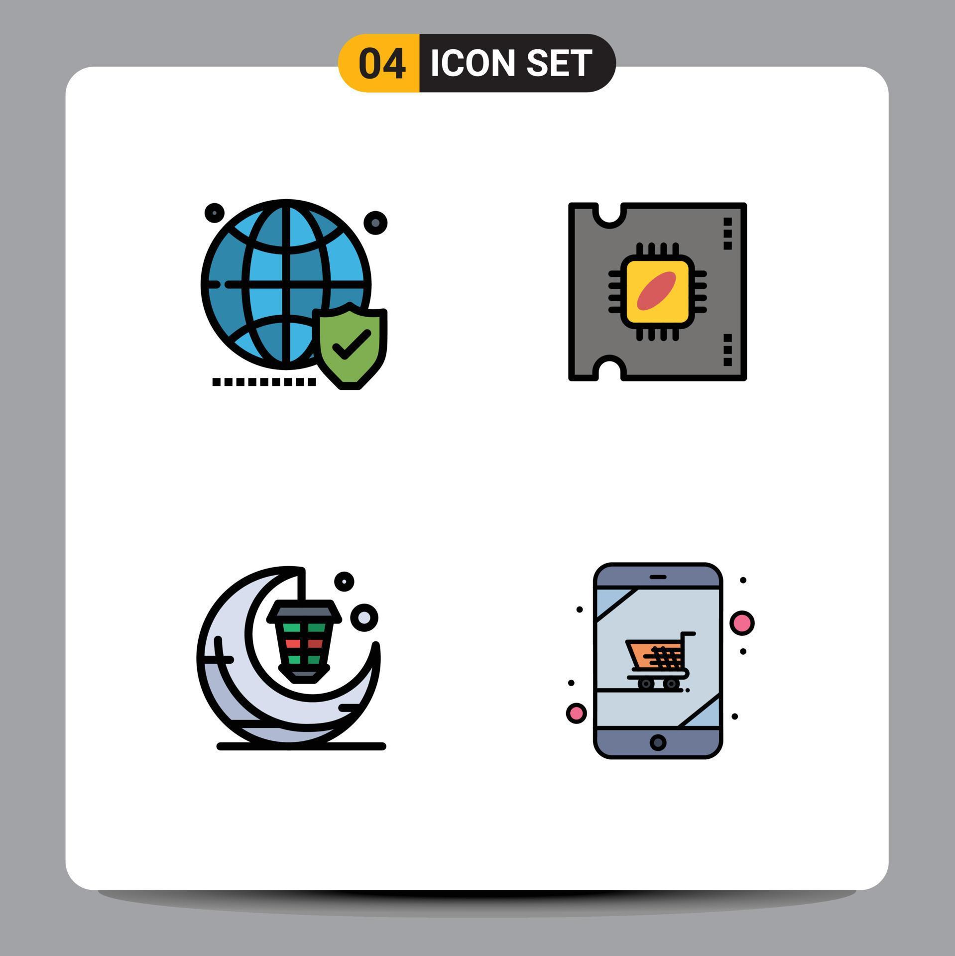 Set Of 4 Modern Ui Icons Symbols Signs For Globe Lantern World Microchip Lamp Editable Vector