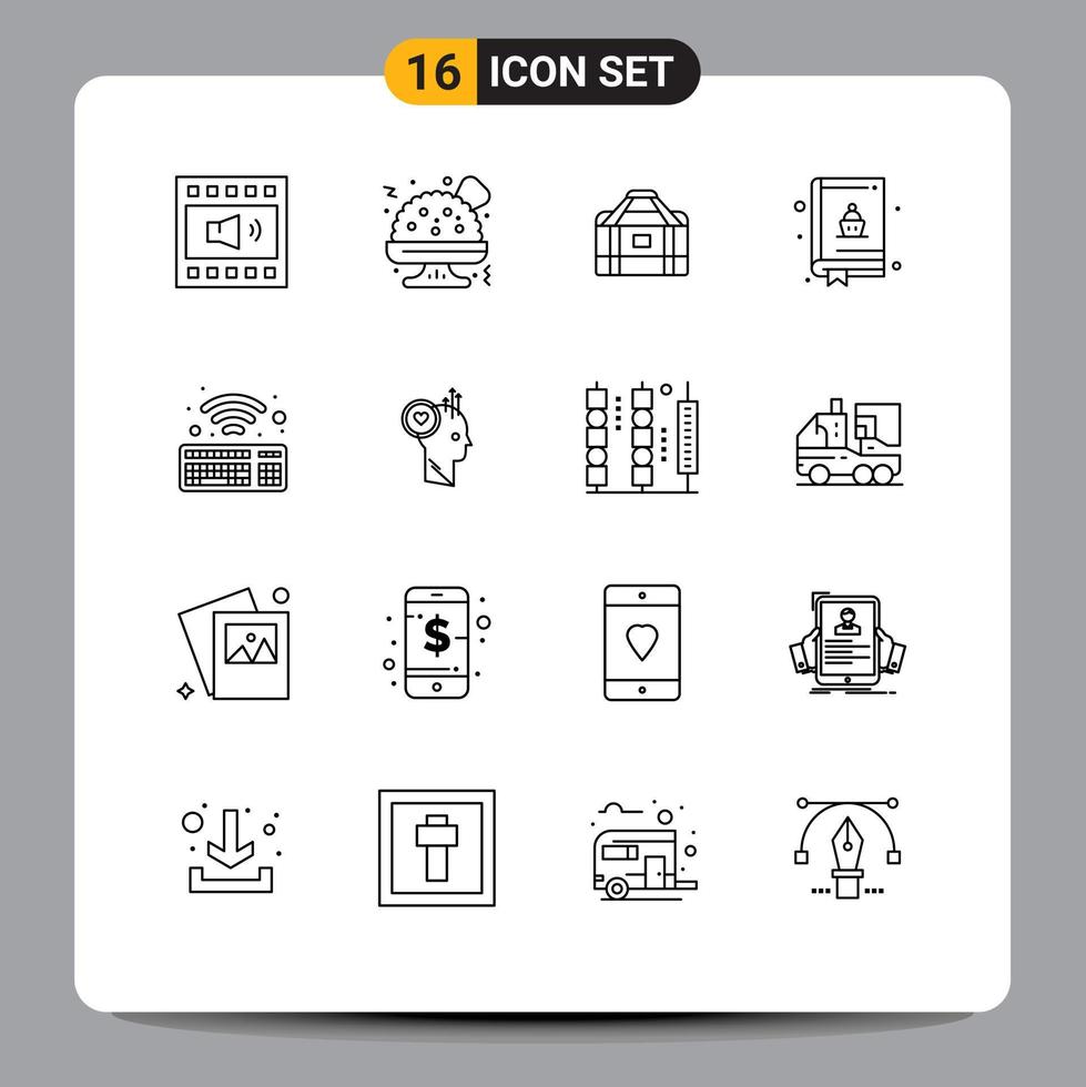 Set Of 16 Vector Outlines On Grid For User Wifi Equipment Keyboard Food Editable Vector Design