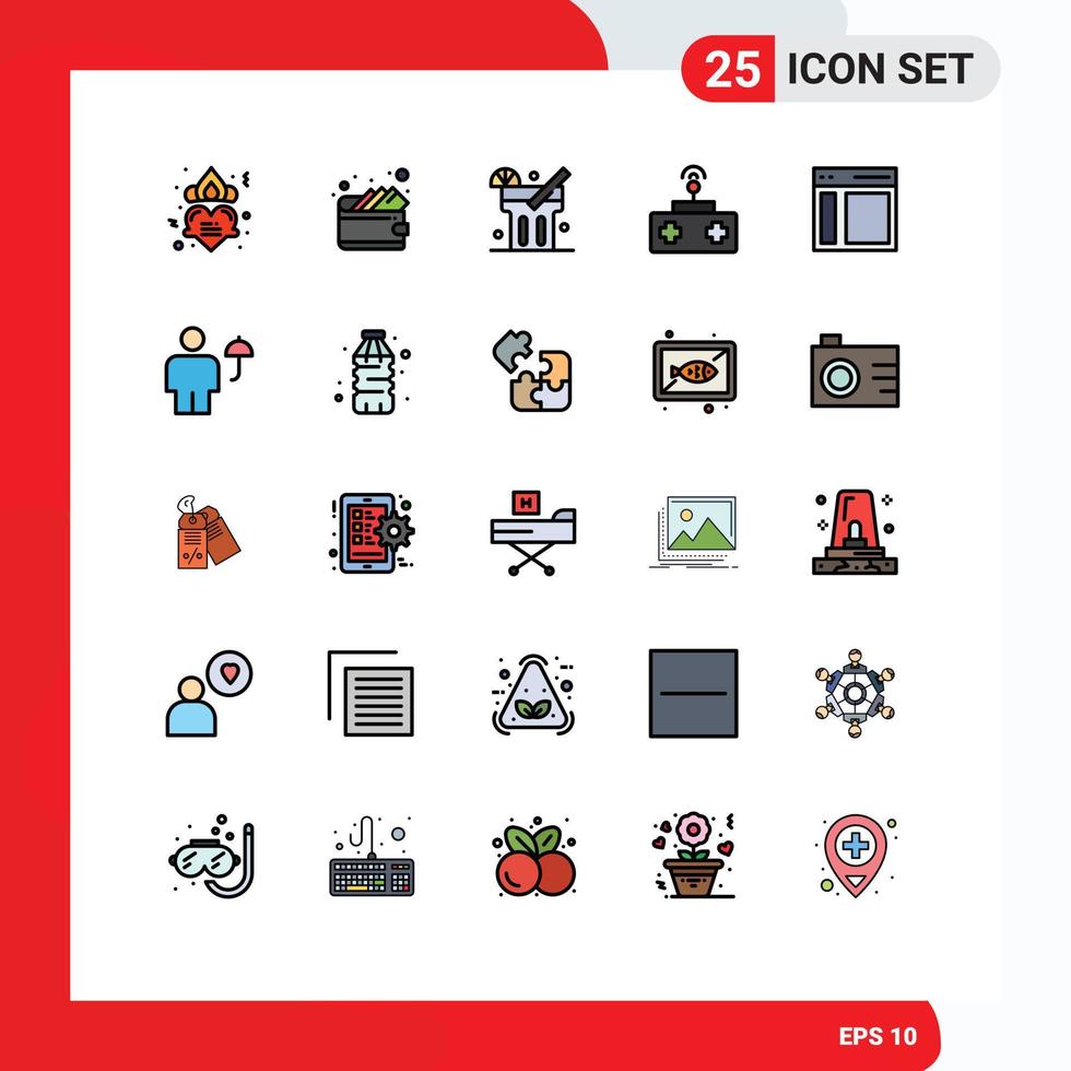 Set Of 25 Vector Filled Line Flat Colors On Grid For Sidebar Interface Drink Communication