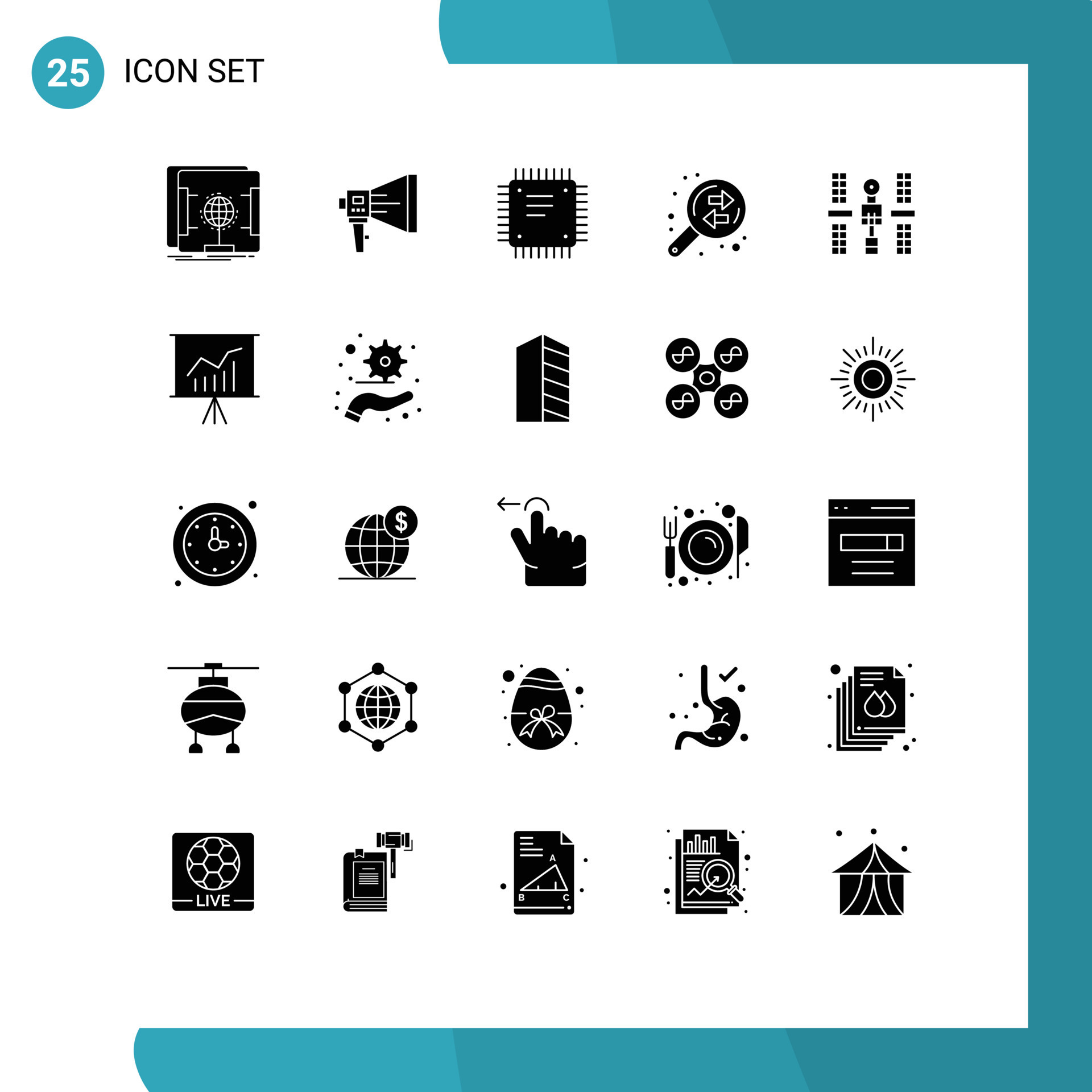 Group of 25 Solid Glyphs Signs and Symbols for data analysis processor ...