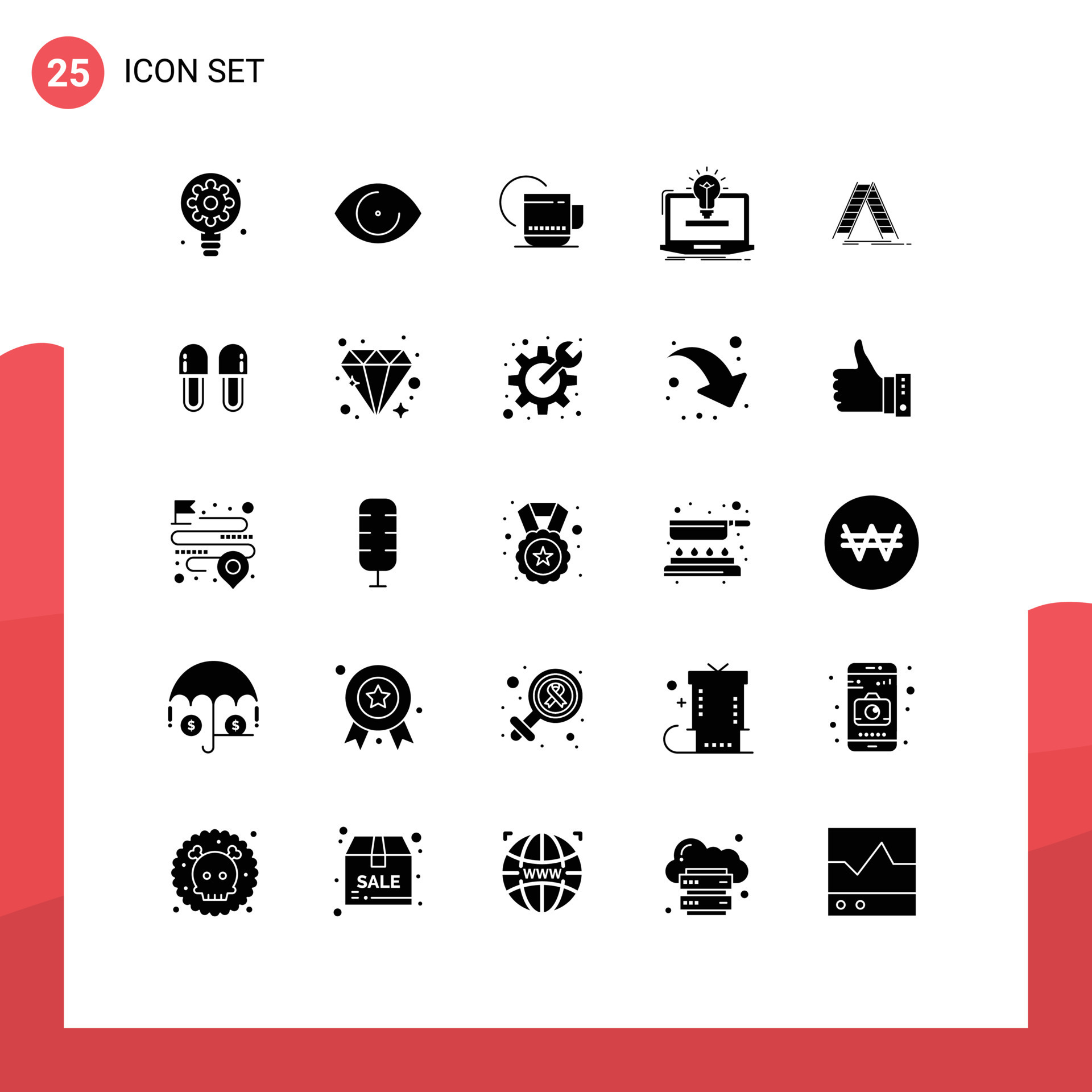 User Interface Pack Of 25 Basic Solid Glyphs Of Ladder Bulb Tea Idea Laptop Editable Vector