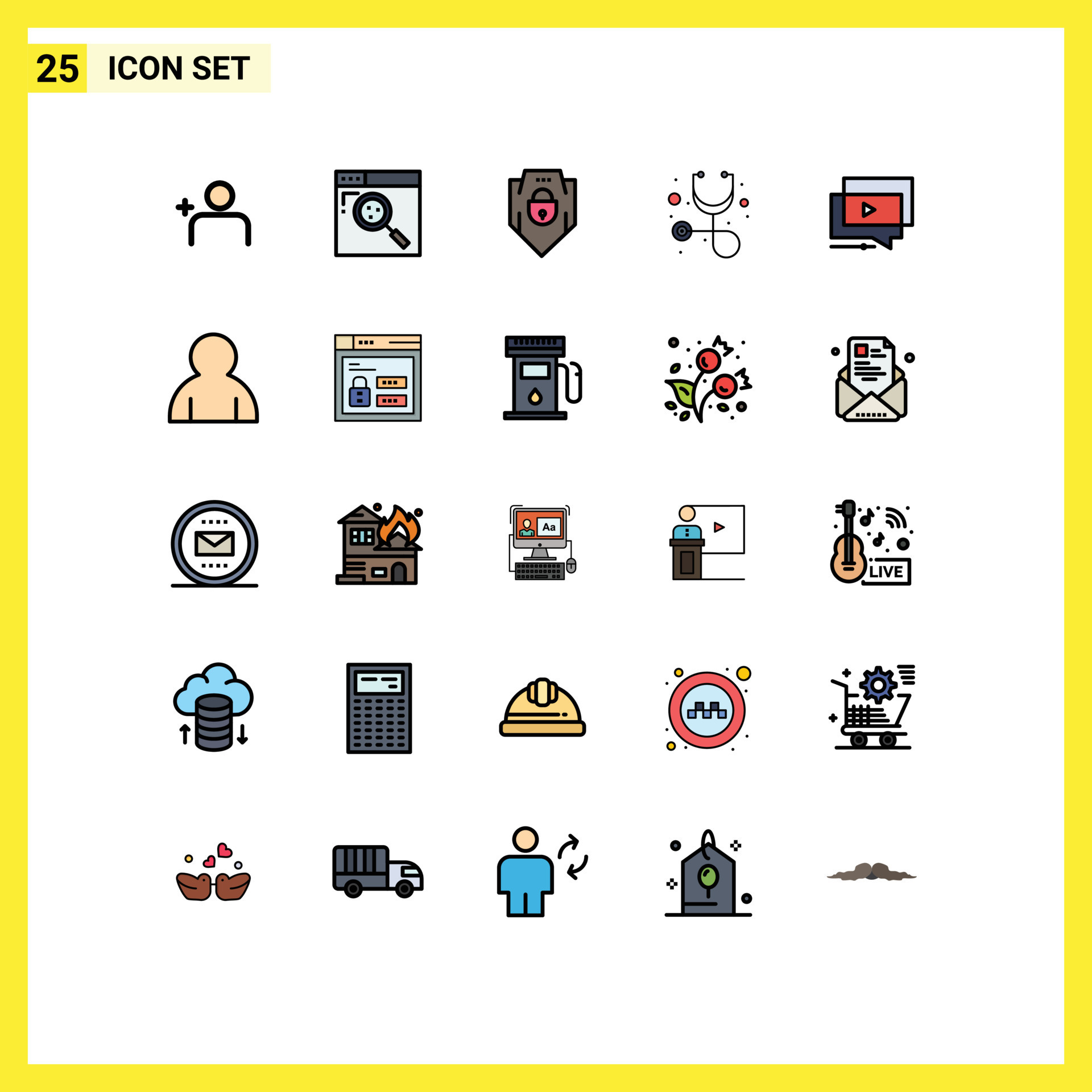25 User Interface Filled Line Flat Color Pack Of Modern Signs And Symbols Of Video Youtube