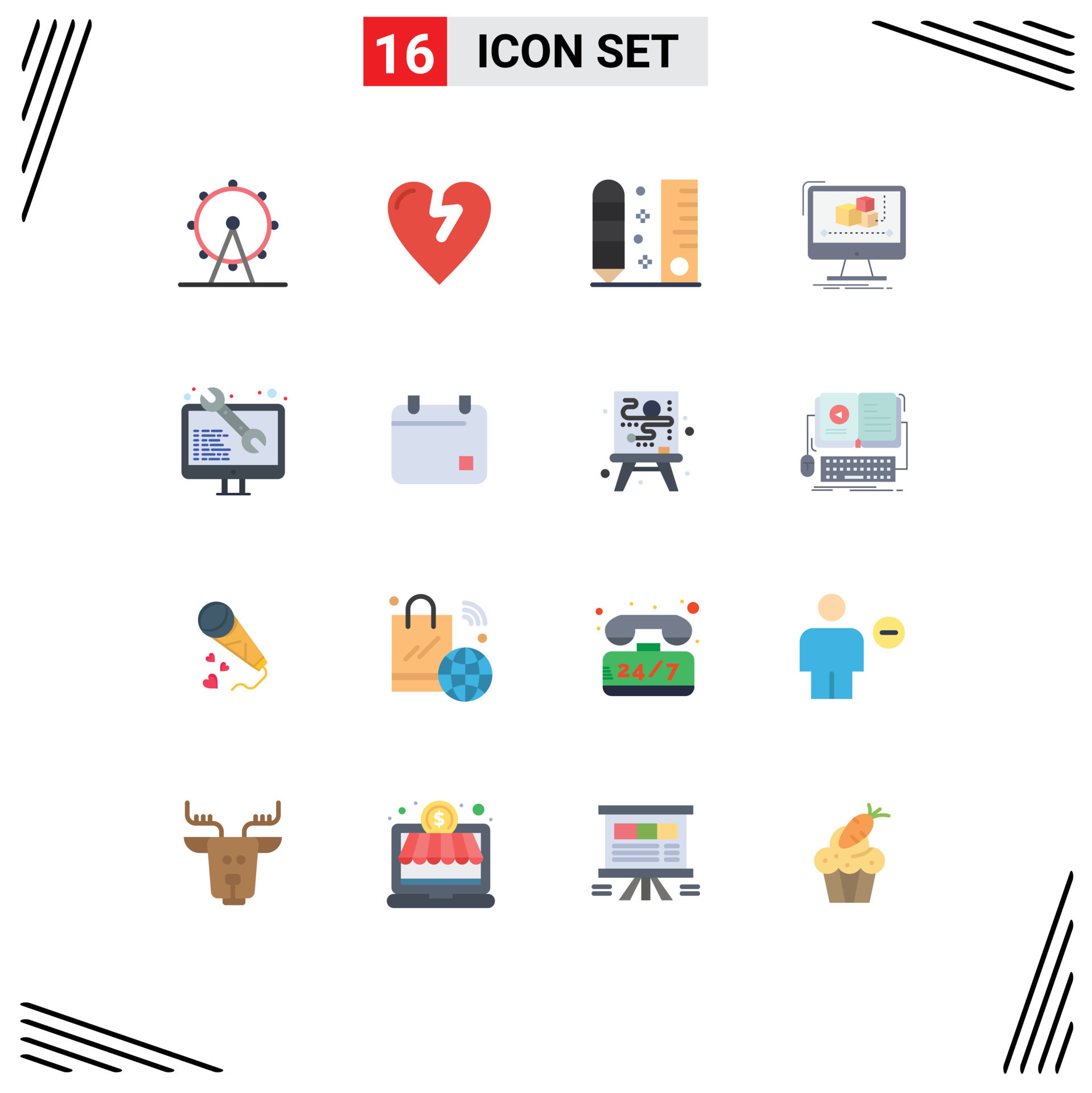 16 Thematic Vector Flat Colors And Editable Symbols Of Coding Monitor Draw Editor Animation