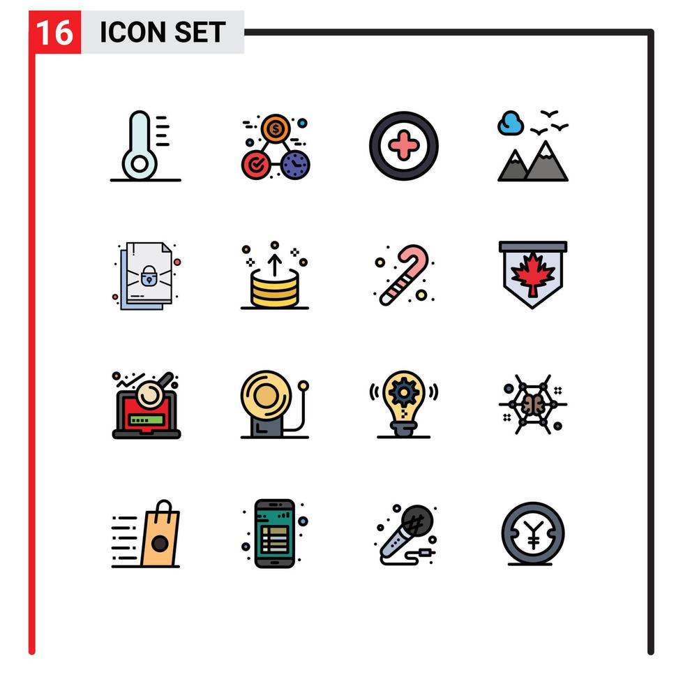 Mobile Interface Flat Color Filled Line Set Of 16 Pictograms Of Direction Protection Plus Lock