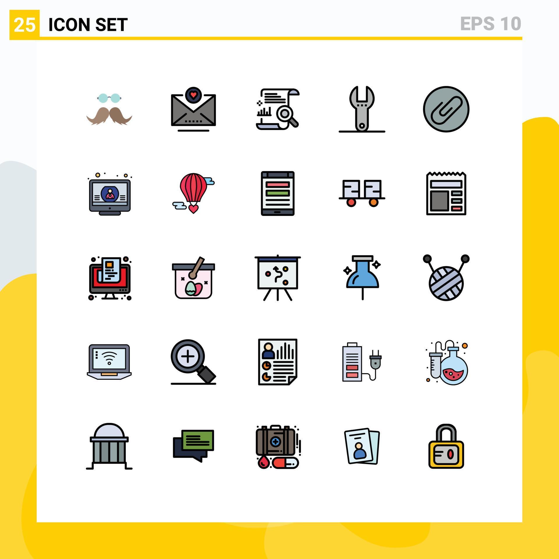Set of 25 Modern UI Icons Symbols Signs for attachment tool chart spanner report Editable Vector ...
