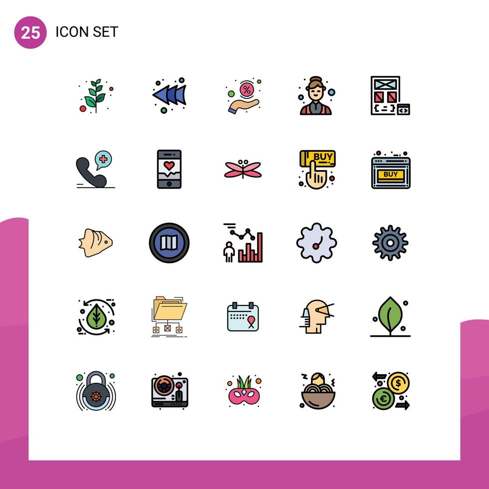 Set of 25 Commercial Filled line Flat Colors pack for development coding offer app health ...