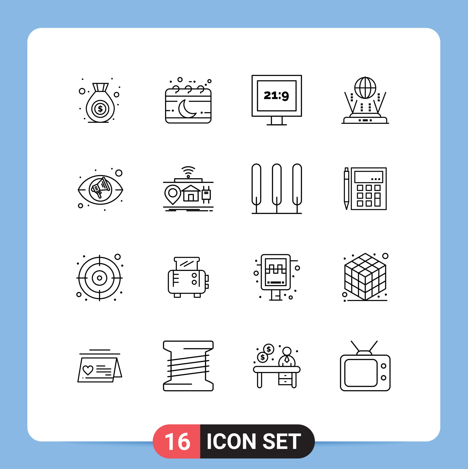 User Interface Pack Of 16 Basic Outlines Of Views Eye Aspect Ratio Connect Globe Editable Vector