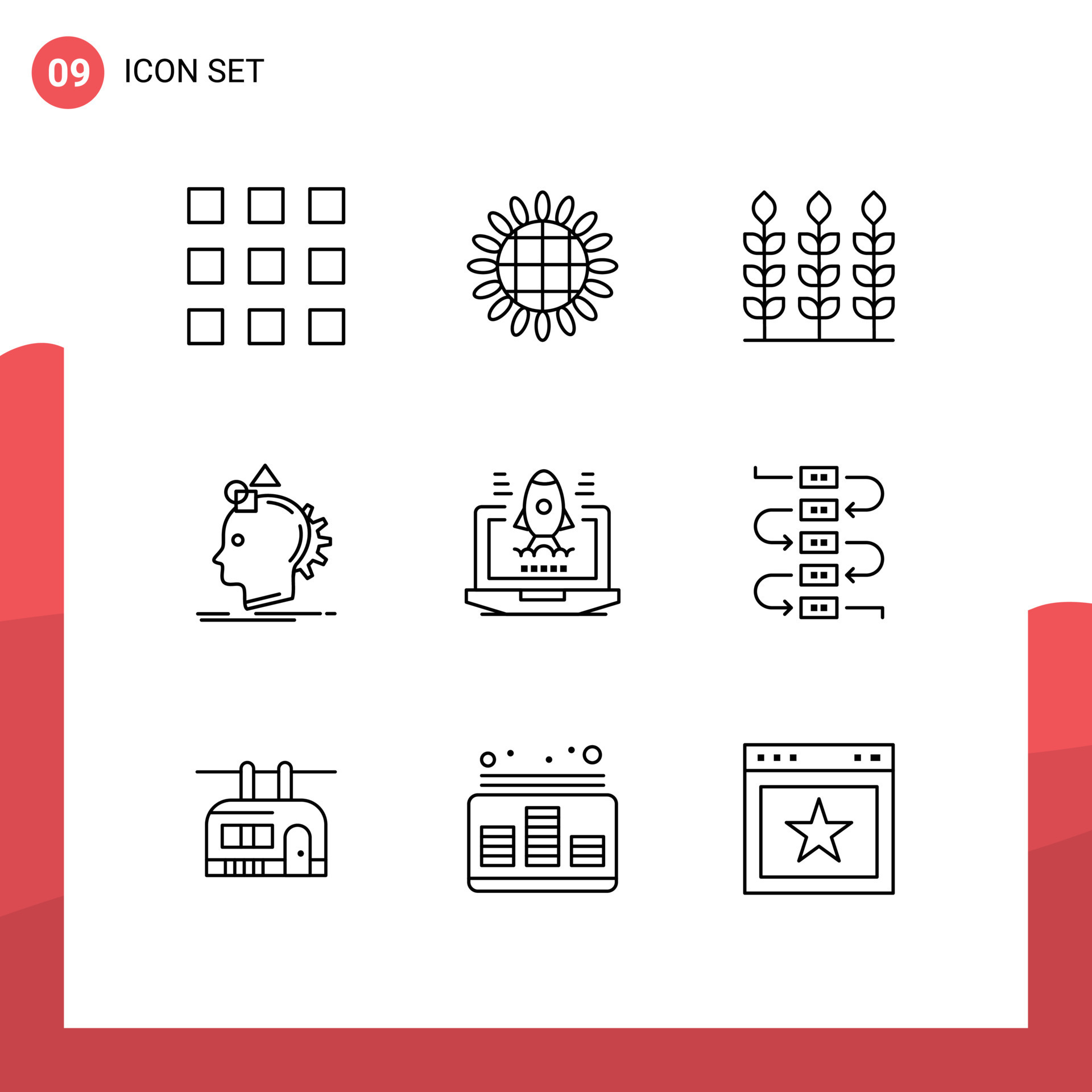 Set Of 9 Vector Outlines On Grid For Business Idea Vegetables Imagine