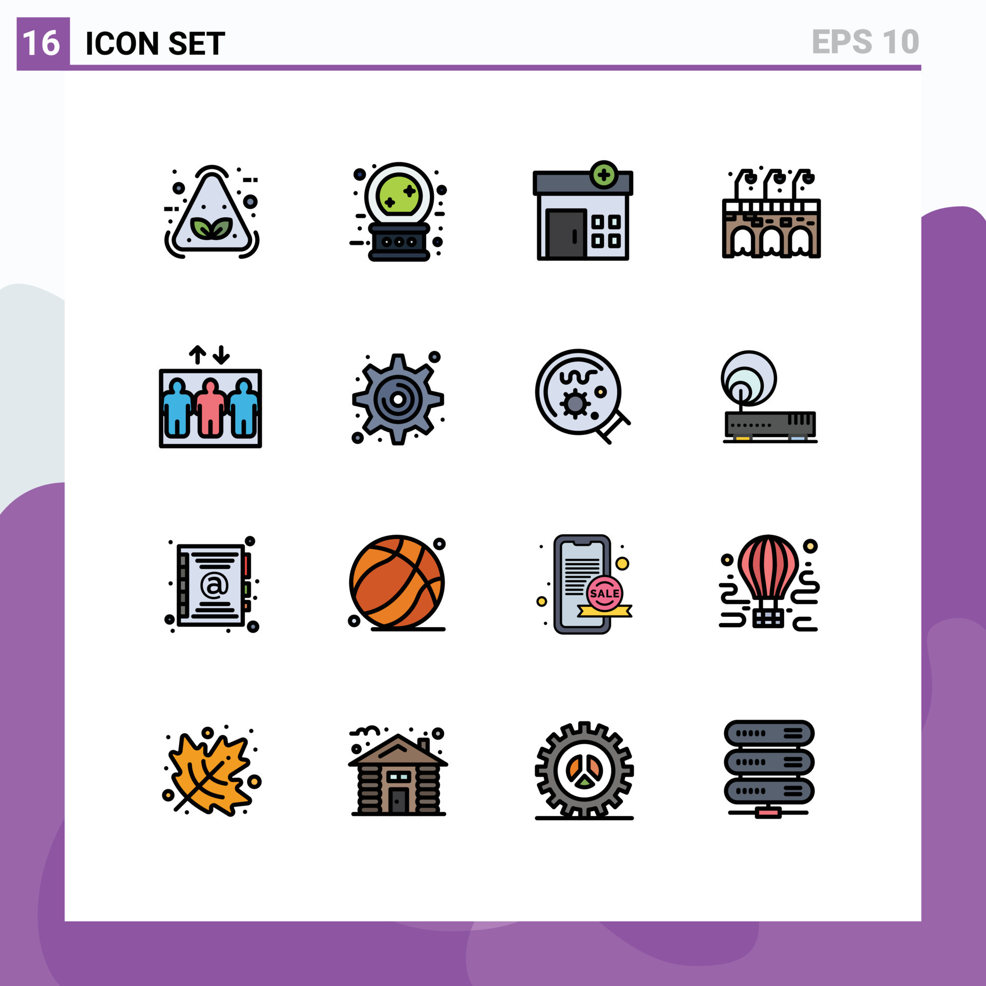 16 Universal Flat Color Filled Line Signs Symbols Of Cogwheel Group Medical Elevator Life