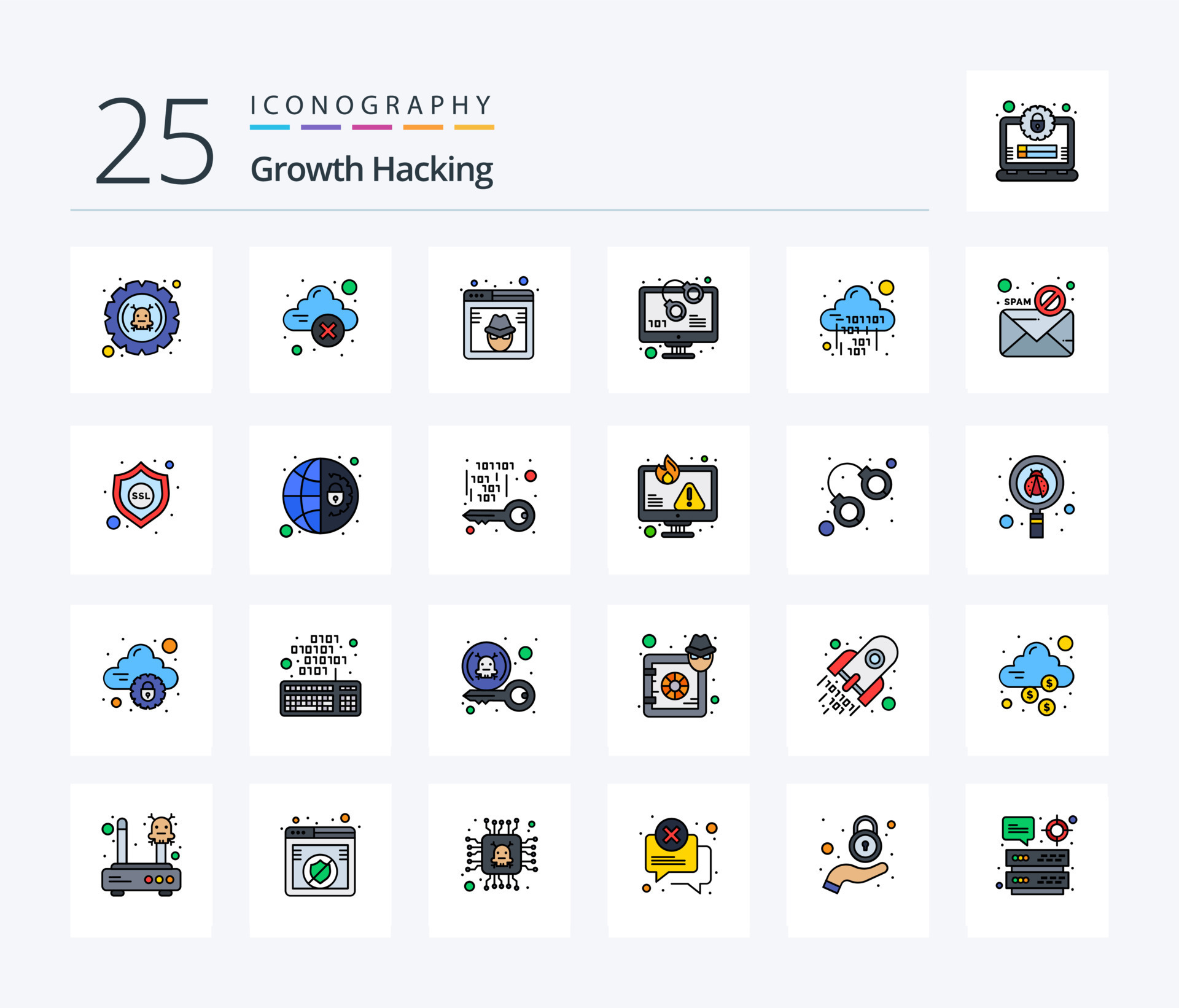 Hacking 25 Line Filled Icon Pack Including Warn Secured Storage Code